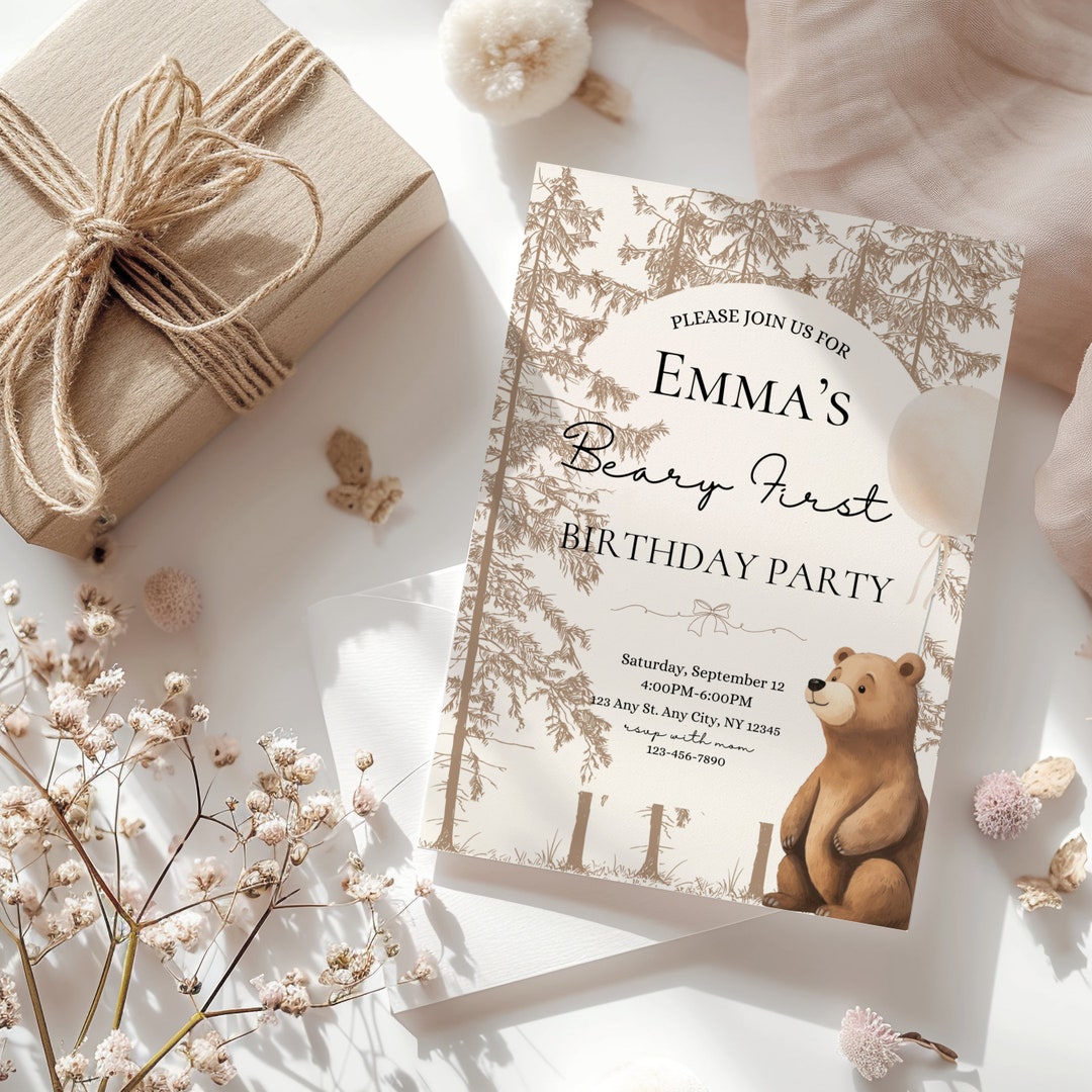 Teddy Bear First Birthday Invitation: Editable Template - Etsy