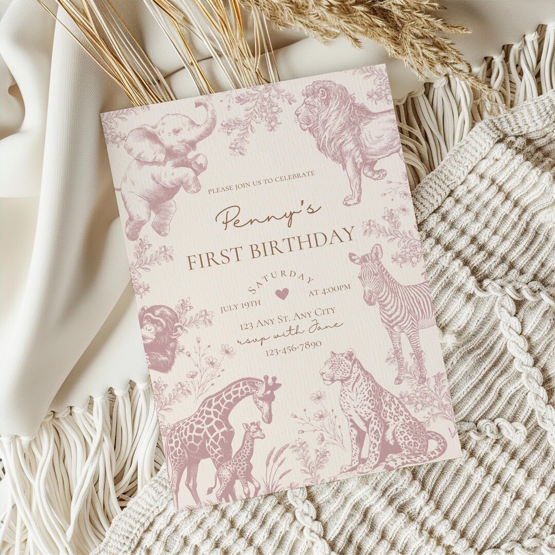 Pink Toile De Jouy Safari Birthday Invitation: Jungle Animals (editable ...