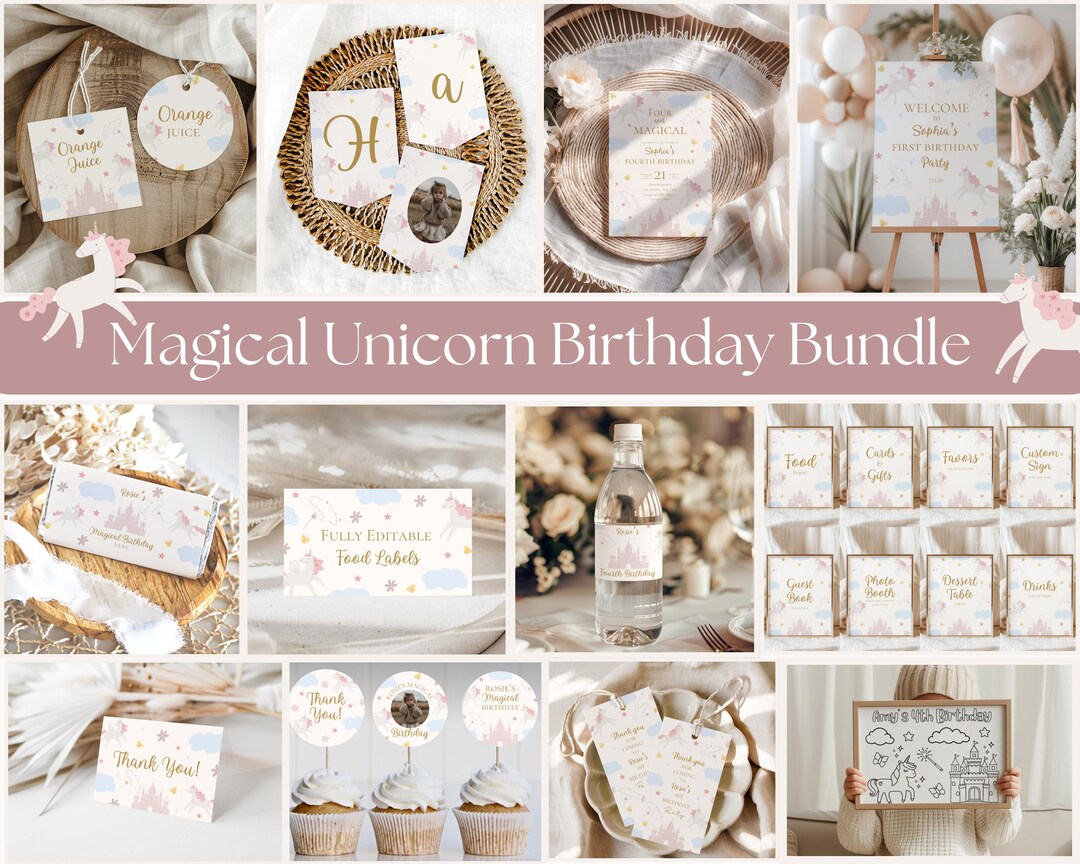 Editable Unicorn Birthday Party Bundle: Pastel Princess Decor (digital ...