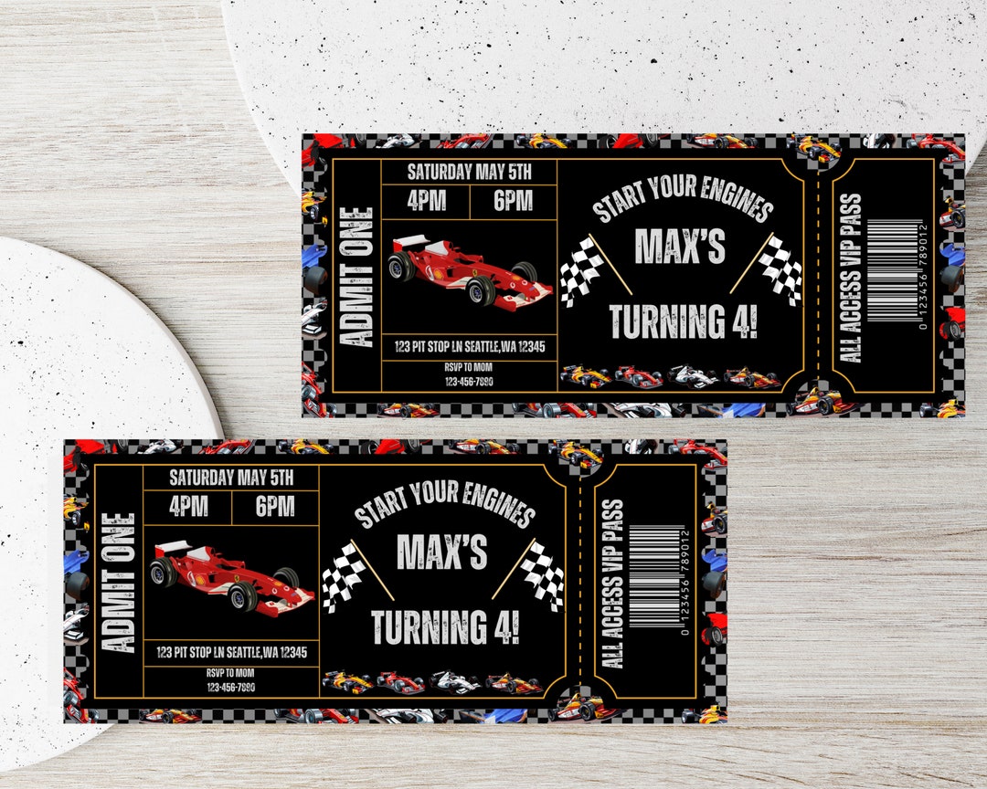 Race Car Ticket Birthday Invitation,formula One Race Car Party Invite ...