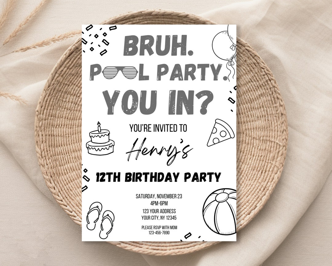 Bruh You’re Invited Birthday Invitation,bruh Pool Party Invite,boy Swim ...