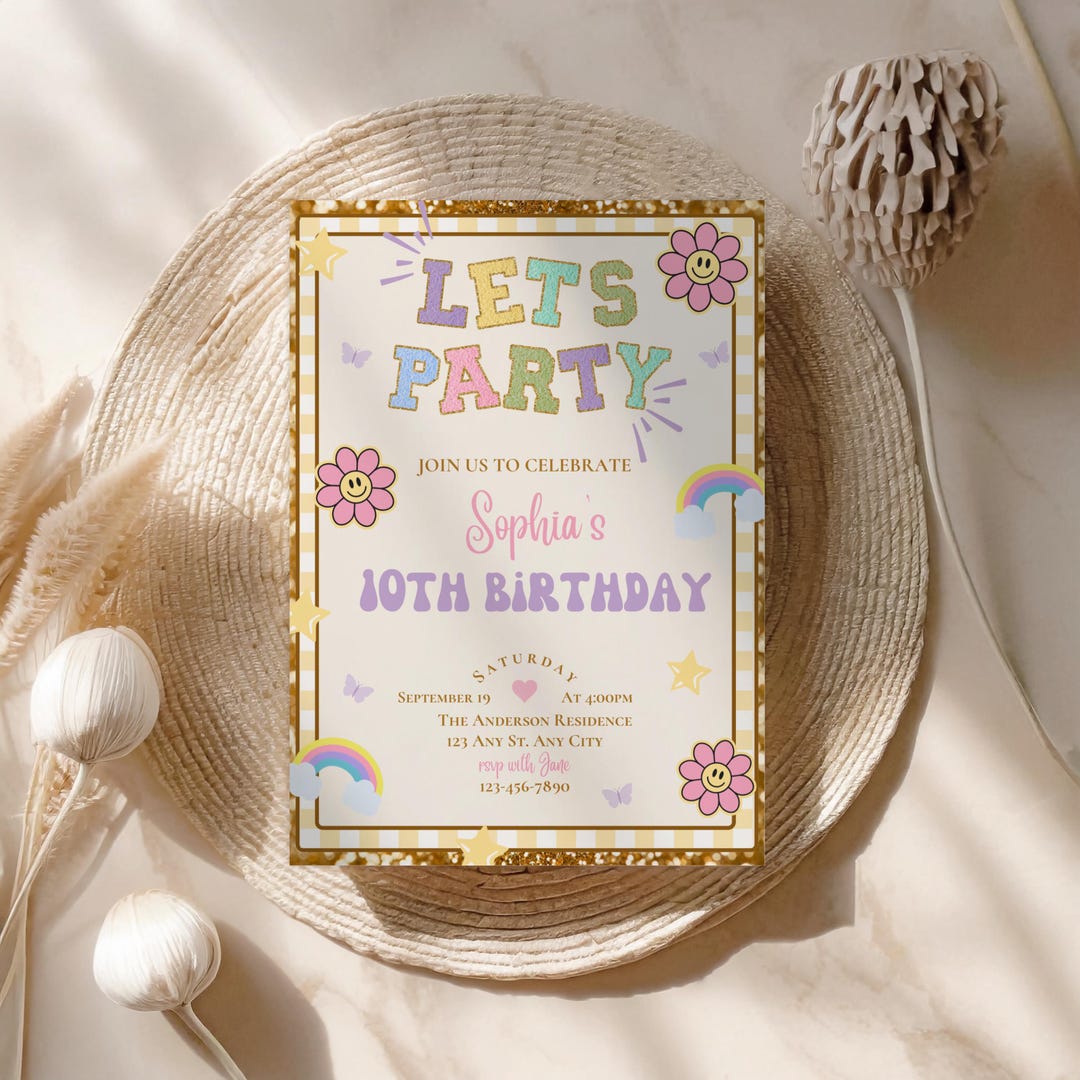 Varsity Patch Birthday Invitation: Retro Groovy Party (EDITABLE ...