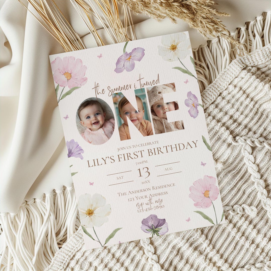 The Summer I Turned ONE Birthday Party Invitation,wildflower Girl 1st ...