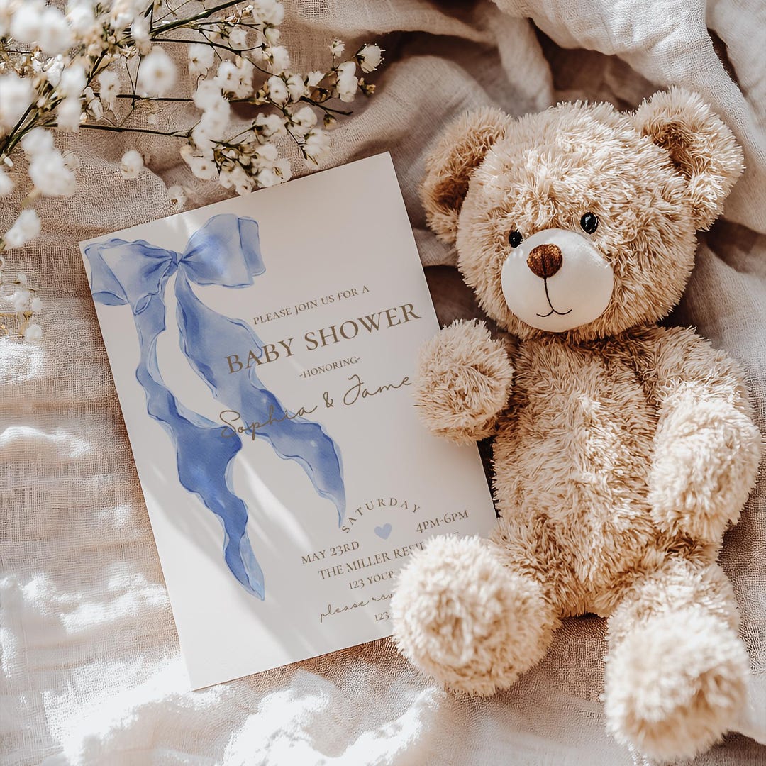 Blue Bow Baby Shower Invitation,boy Baby Shower Invite,coquette Invite ...