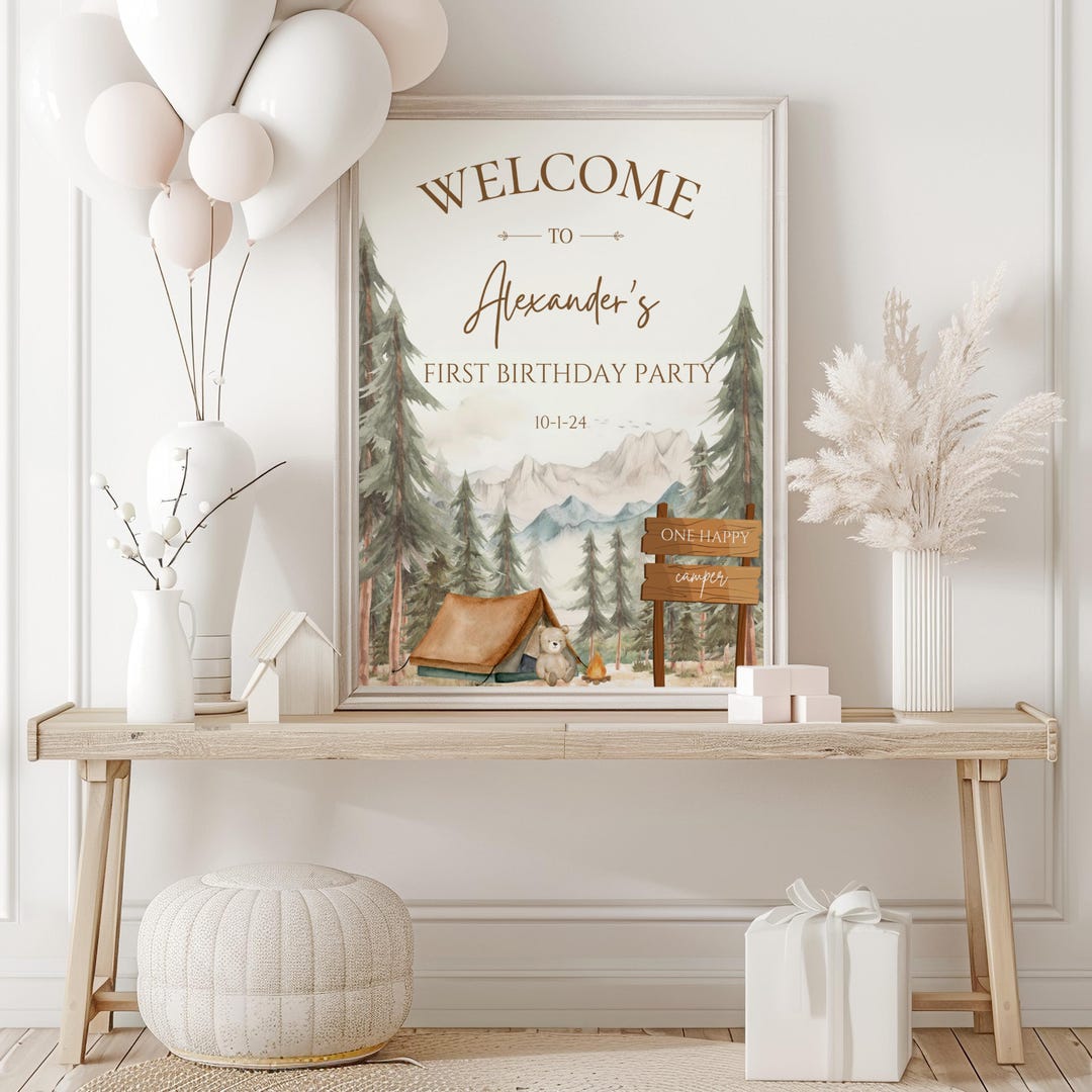 Happy Camper Birthday Welcome Sign: Editable Camping Party Decor ...