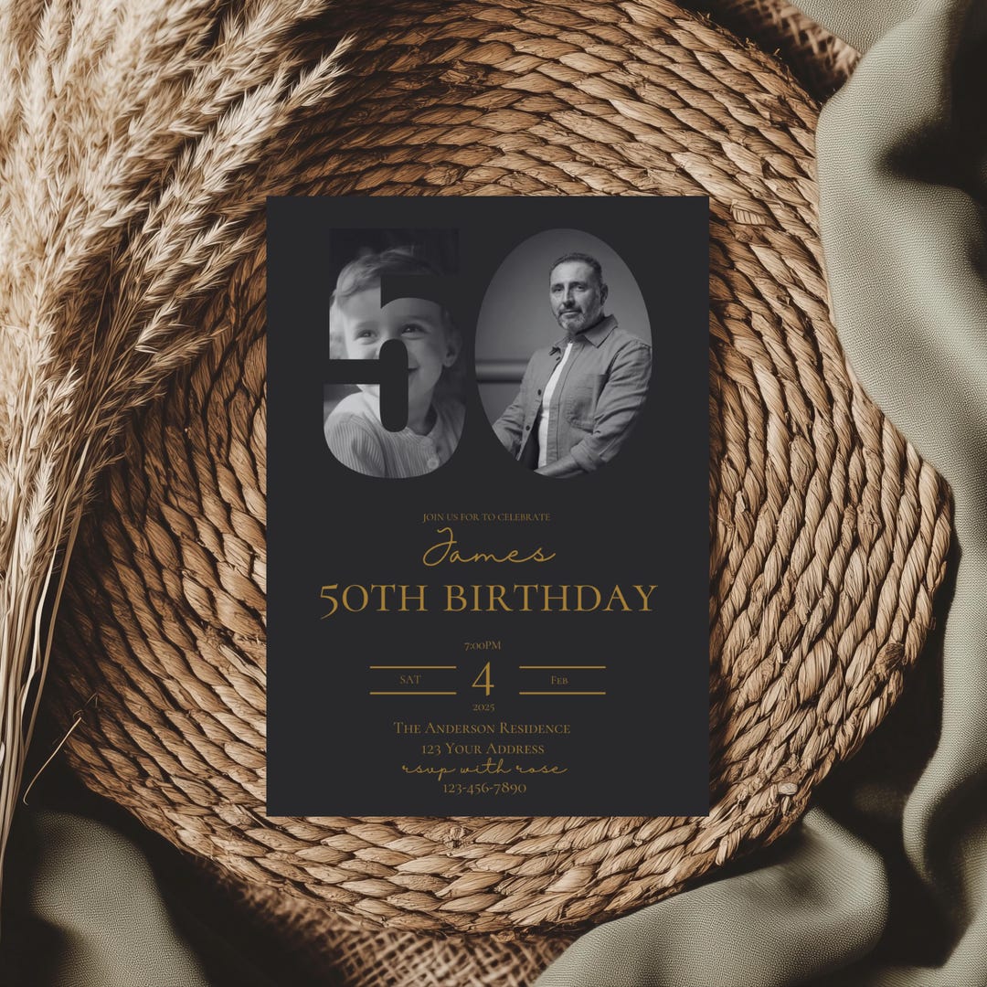 Elegant 50th Birthday Invitation Template: Minimalist Photo Invite ...