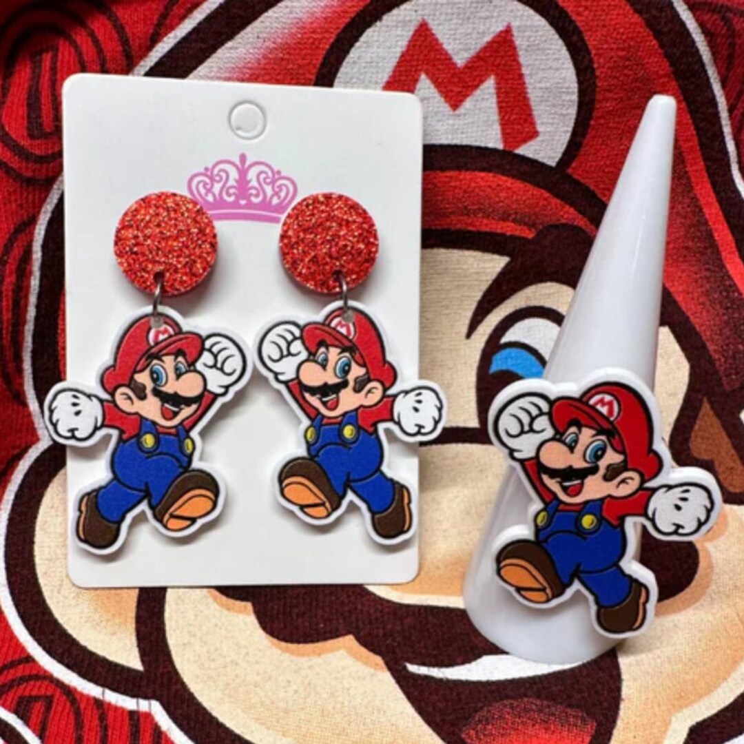 Super Mario Earrings & Statement Ring Lightweight Acrylic Dangle Drop ...