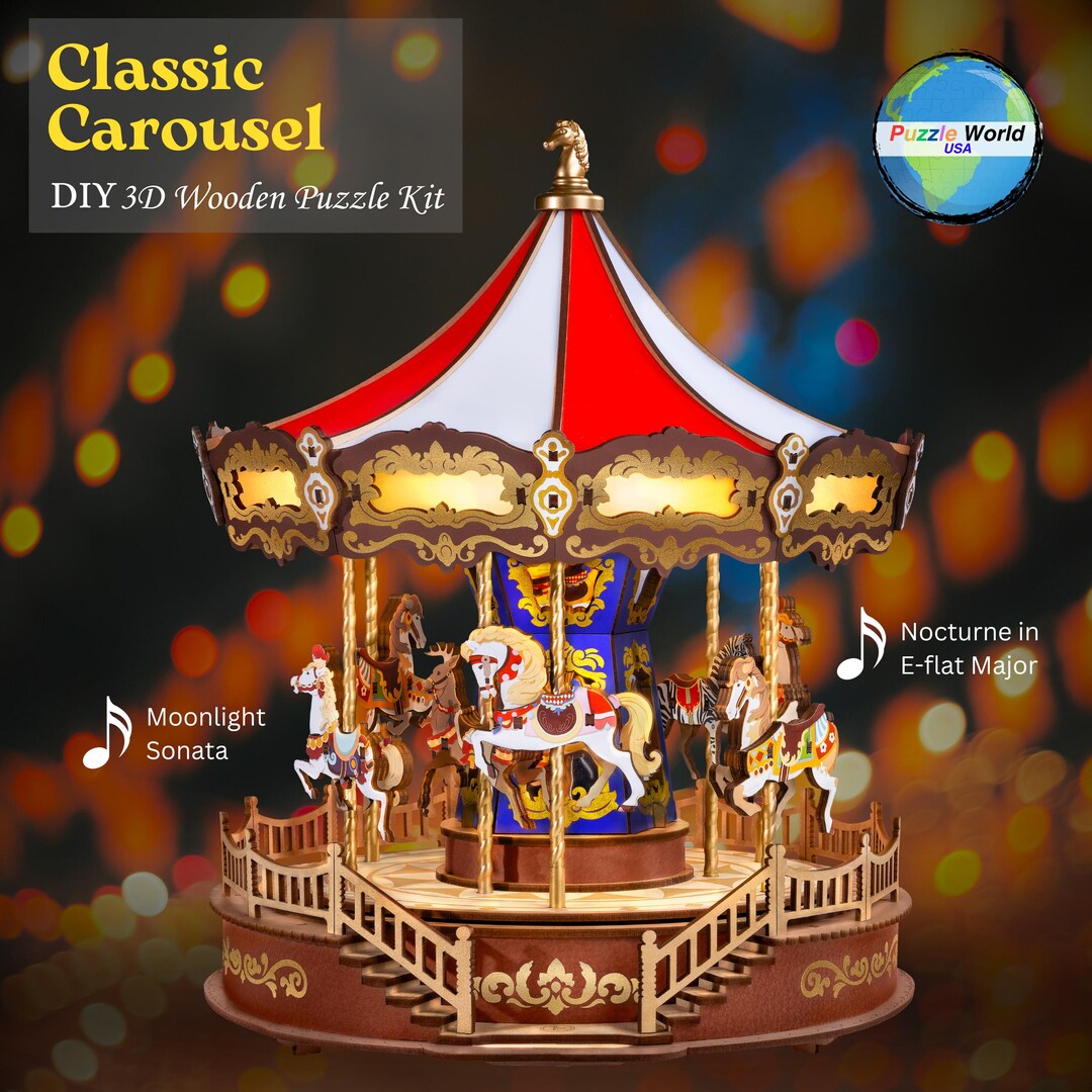 DIY 3D Wooden Carousel Puzzle Musical Merry-go-round With LED Lights ...