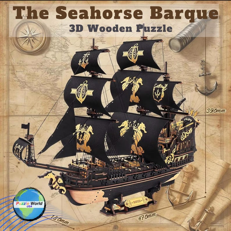 The Seahorse Barque Wooden Ship Model Kit - 3D Puzzle for Adults, 603 ...