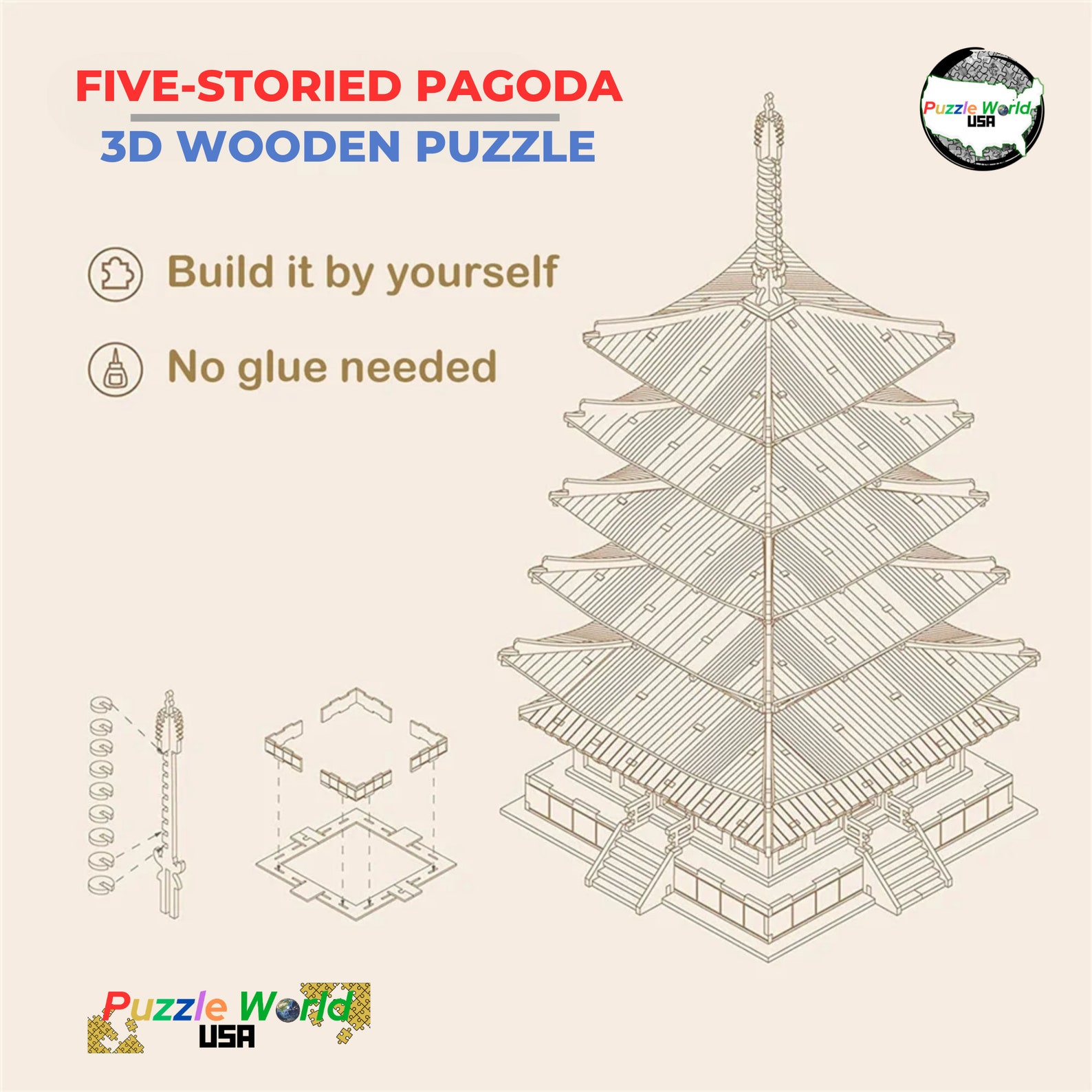 Japanese Five-storied Temple - DIY 3D Wooden Puzzle Pagoda | Puzzle for ...