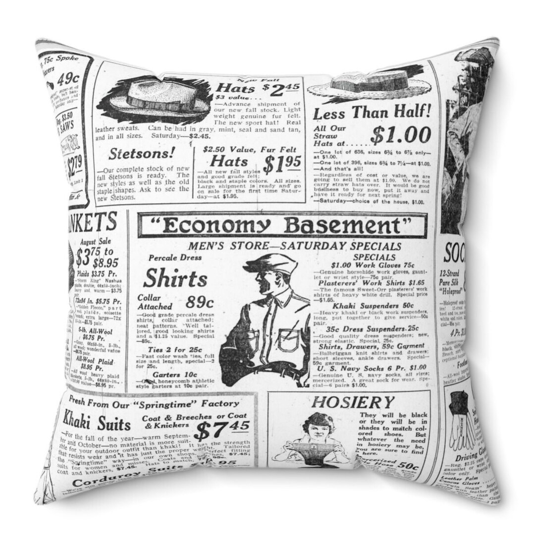 Vintage Newsprint Advertising Square Pillow, Throw Cushion for Home ...