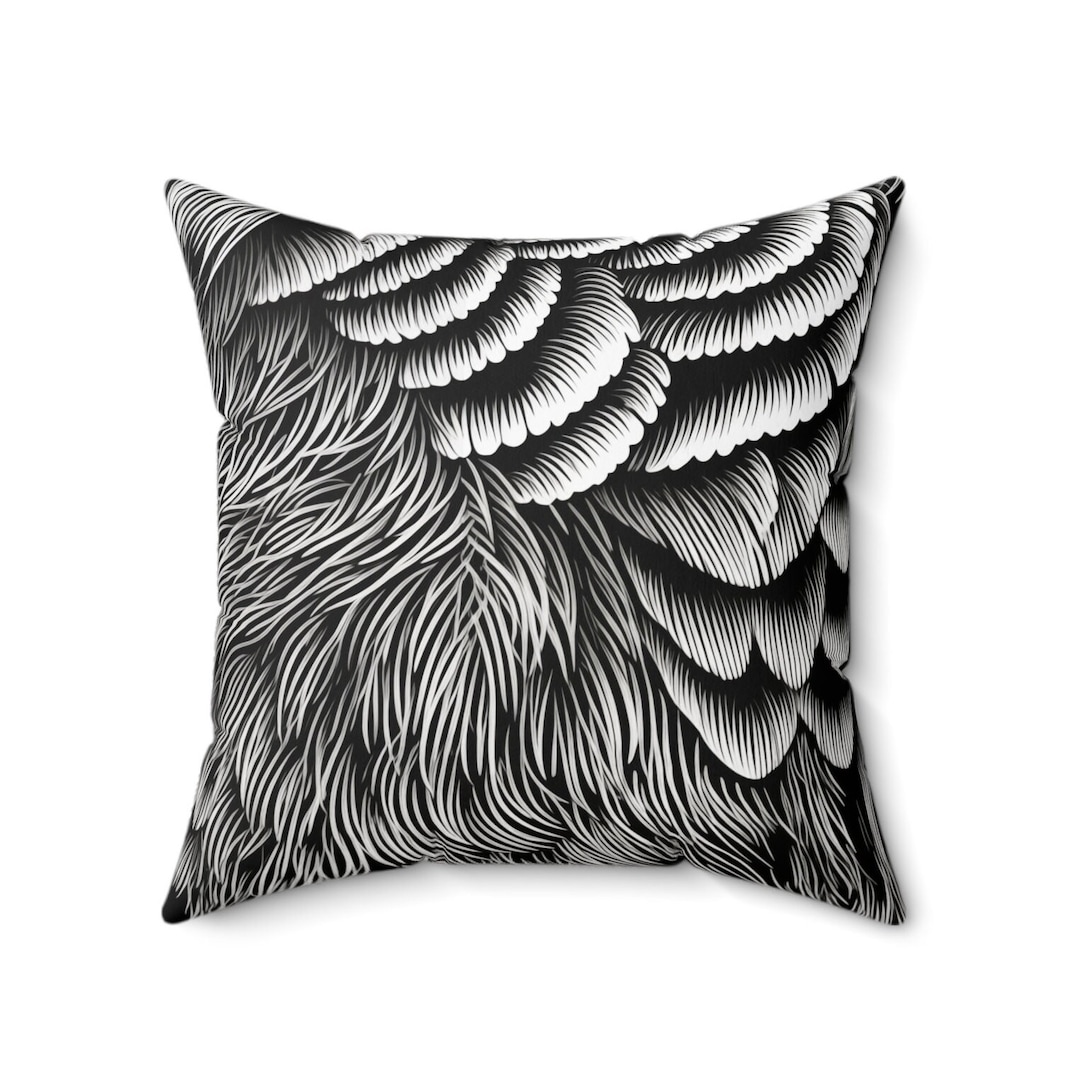 Abstract Feathers Square Pillow, Black White Pillow Cover, Polyester ...
