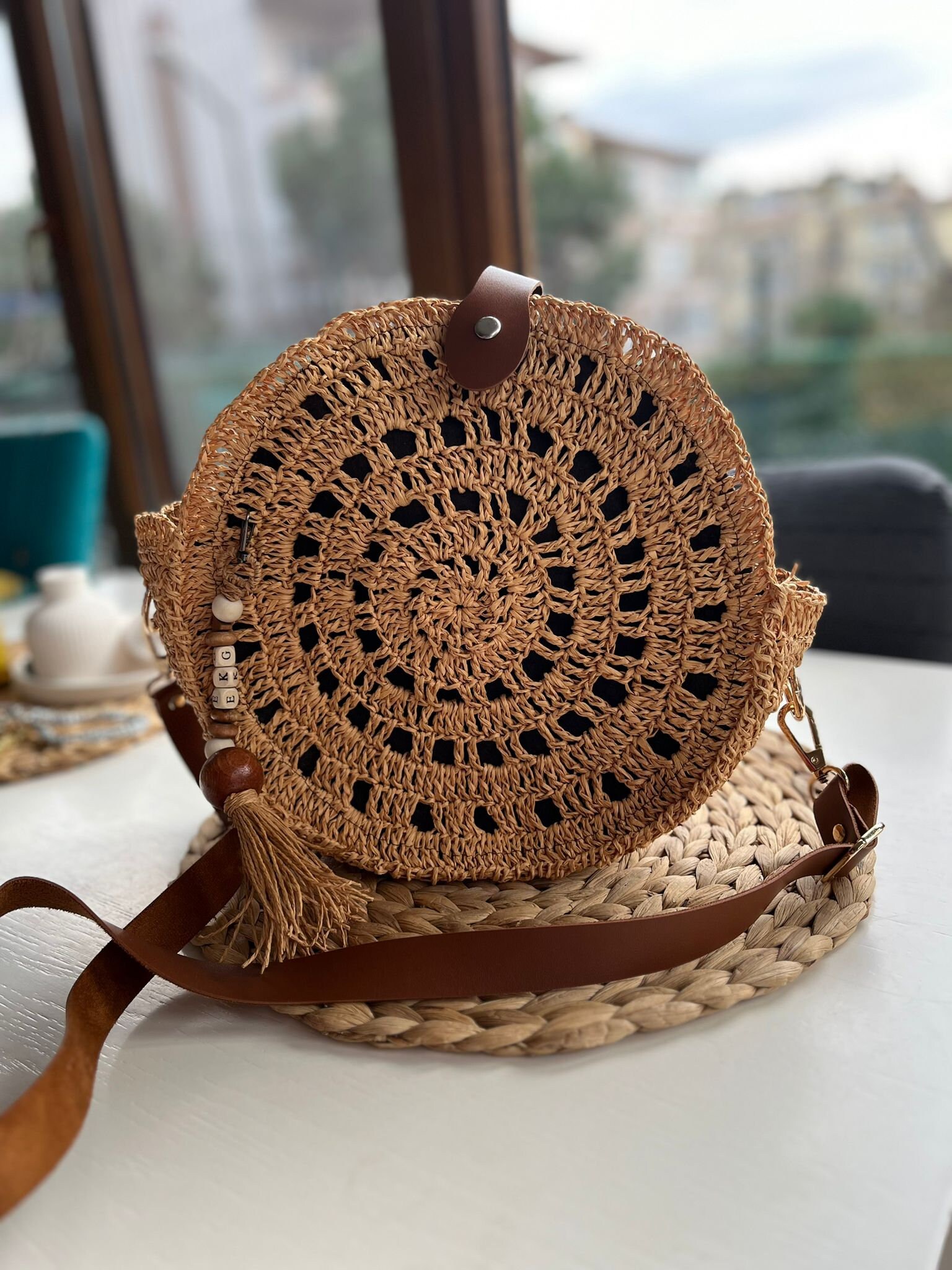 Round Straw Bag Round Woven Circular Straw Rattan Round Purse Wicker ...