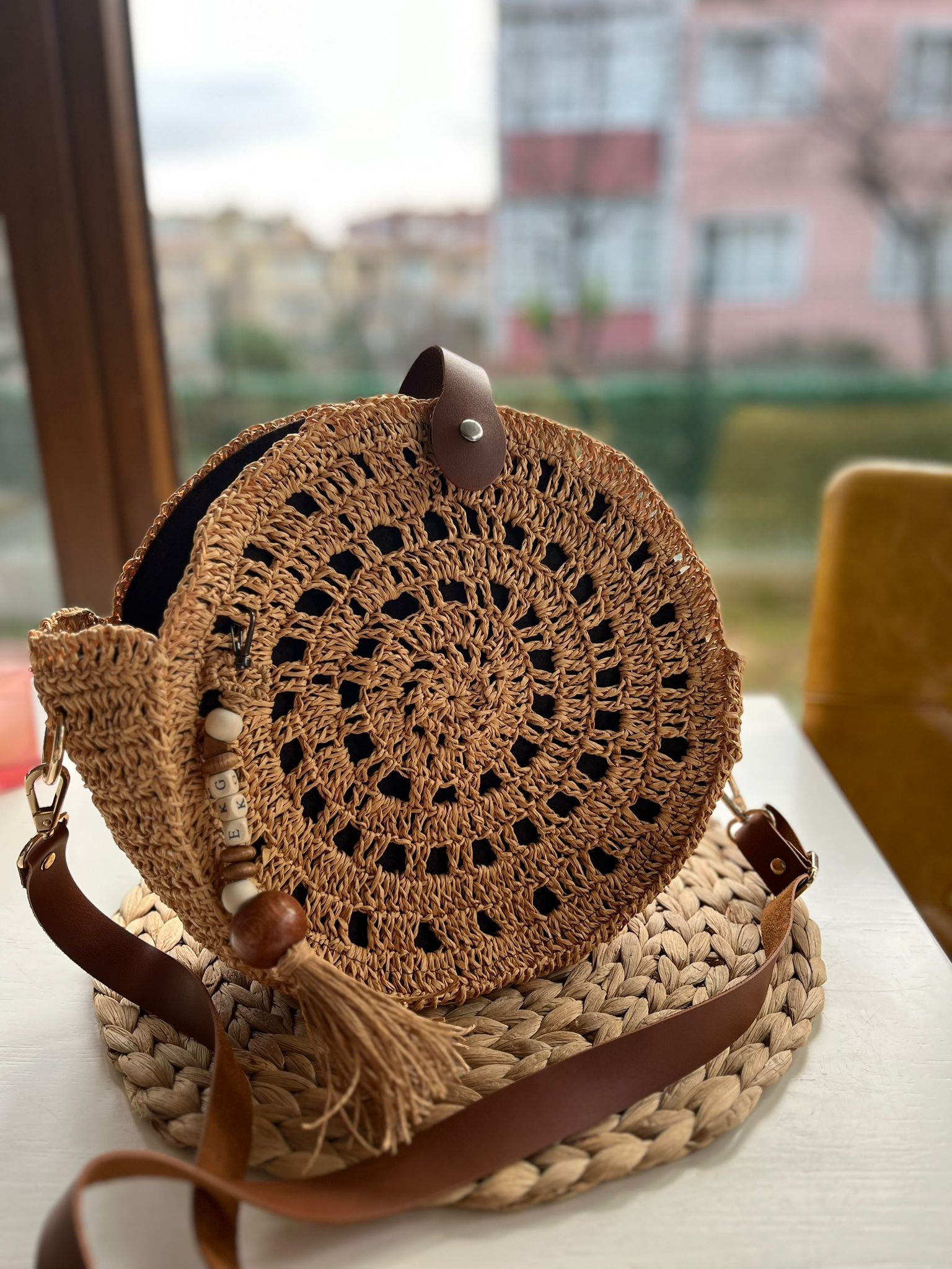 Round Straw Bag Round Woven Circular Straw Rattan Round Purse Wicker ...