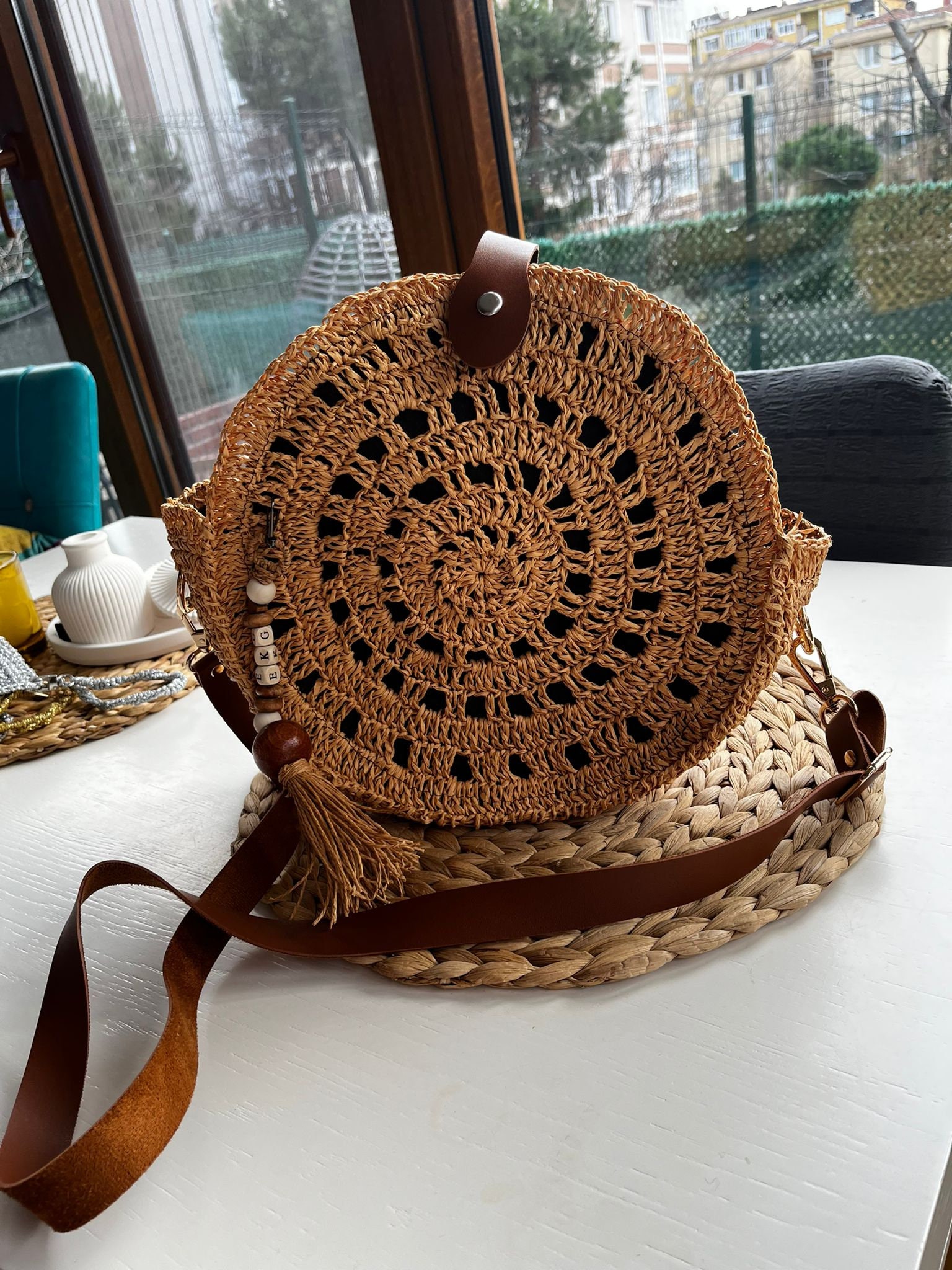 Round Straw Bag Round Woven Circular Straw Rattan Round Purse Wicker ...
