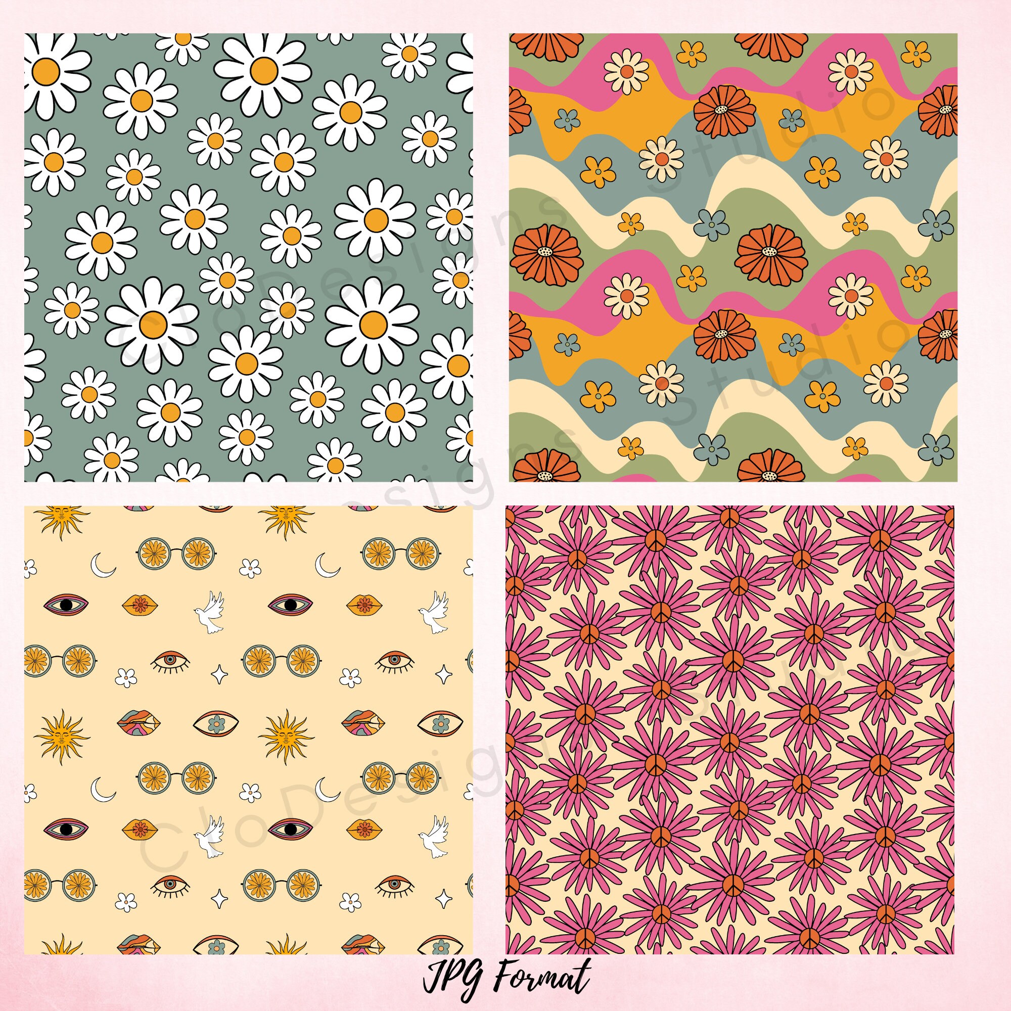 70s Retro Floral Digital Paper Textures Scrapbooking Art Journal ...