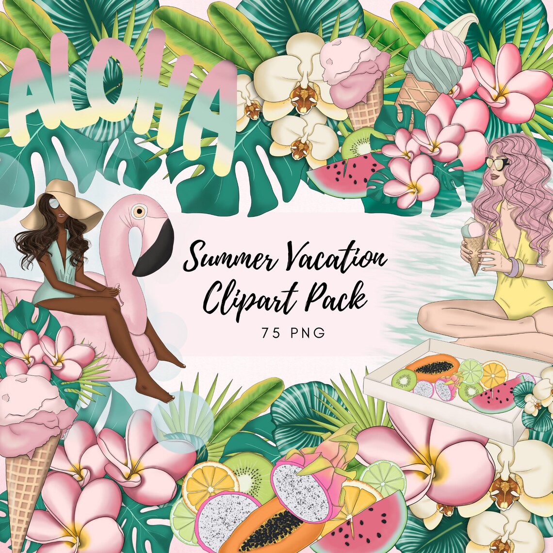 Summer Vacation Clipart Cute Summer Beach Birthday Watercolour PNG Pool ...