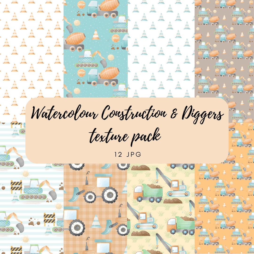 Watercolour Construction Trucks and Diggers Seamless Digital Paper ...