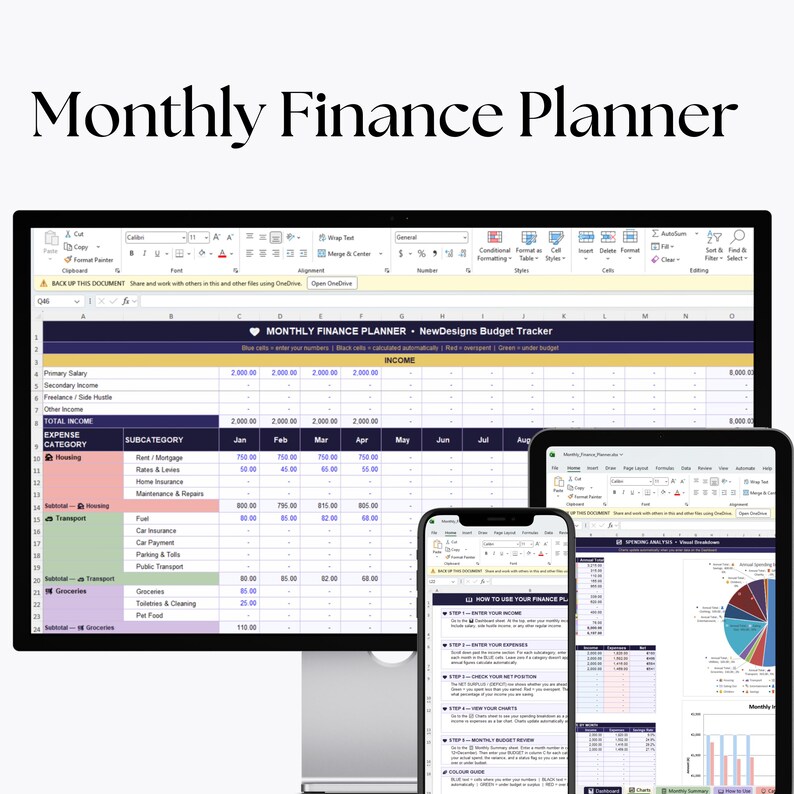 Monthly Budget Planner Spreadsheet | Finance Tracker, YTD Charts ...
