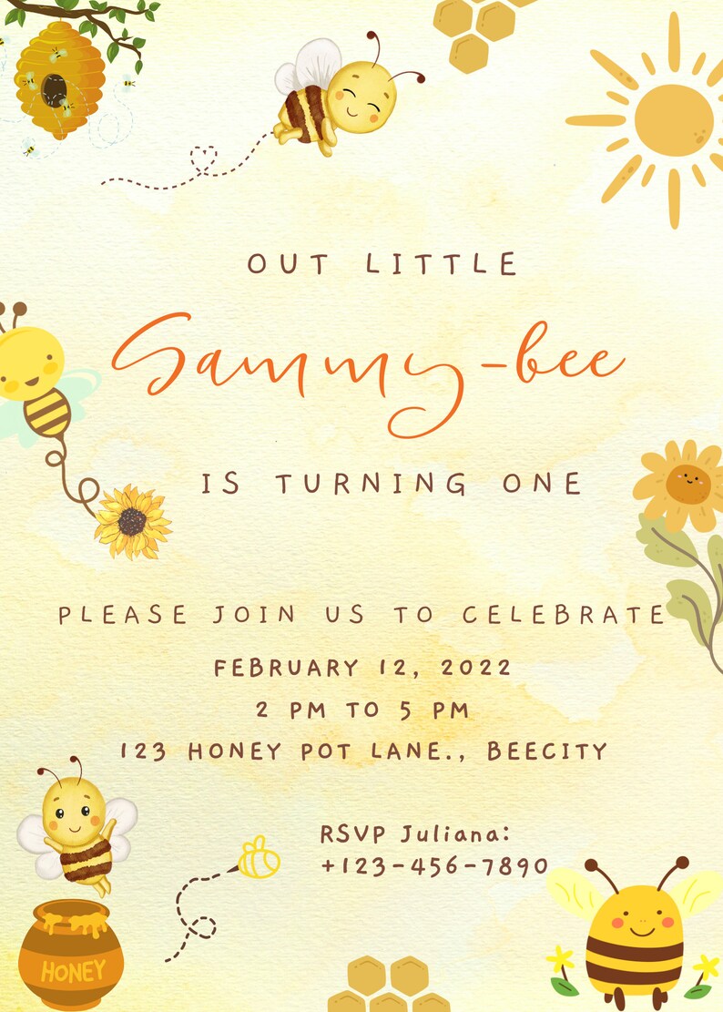Editable Bee 1st Birthday Party Invitation, Printable Template ...