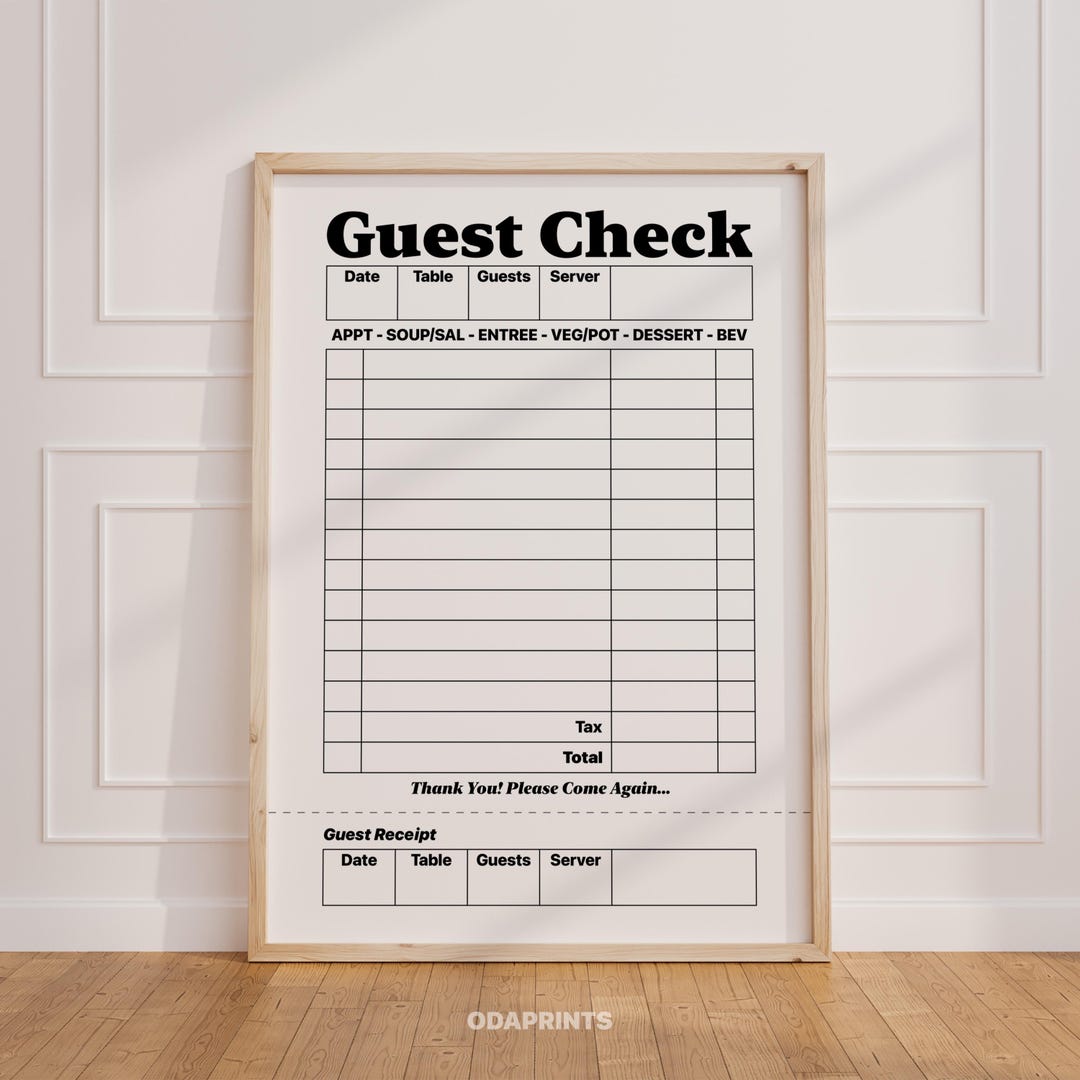 Blank Guest Check Wall Art, Preppy Room Decor, Trendy Kitchen Poster ...