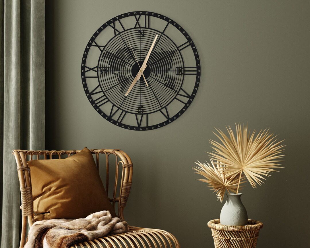 Metal World Map Wall Clock, Compass Wall Clock, Large Wall Clock, Metal ...
