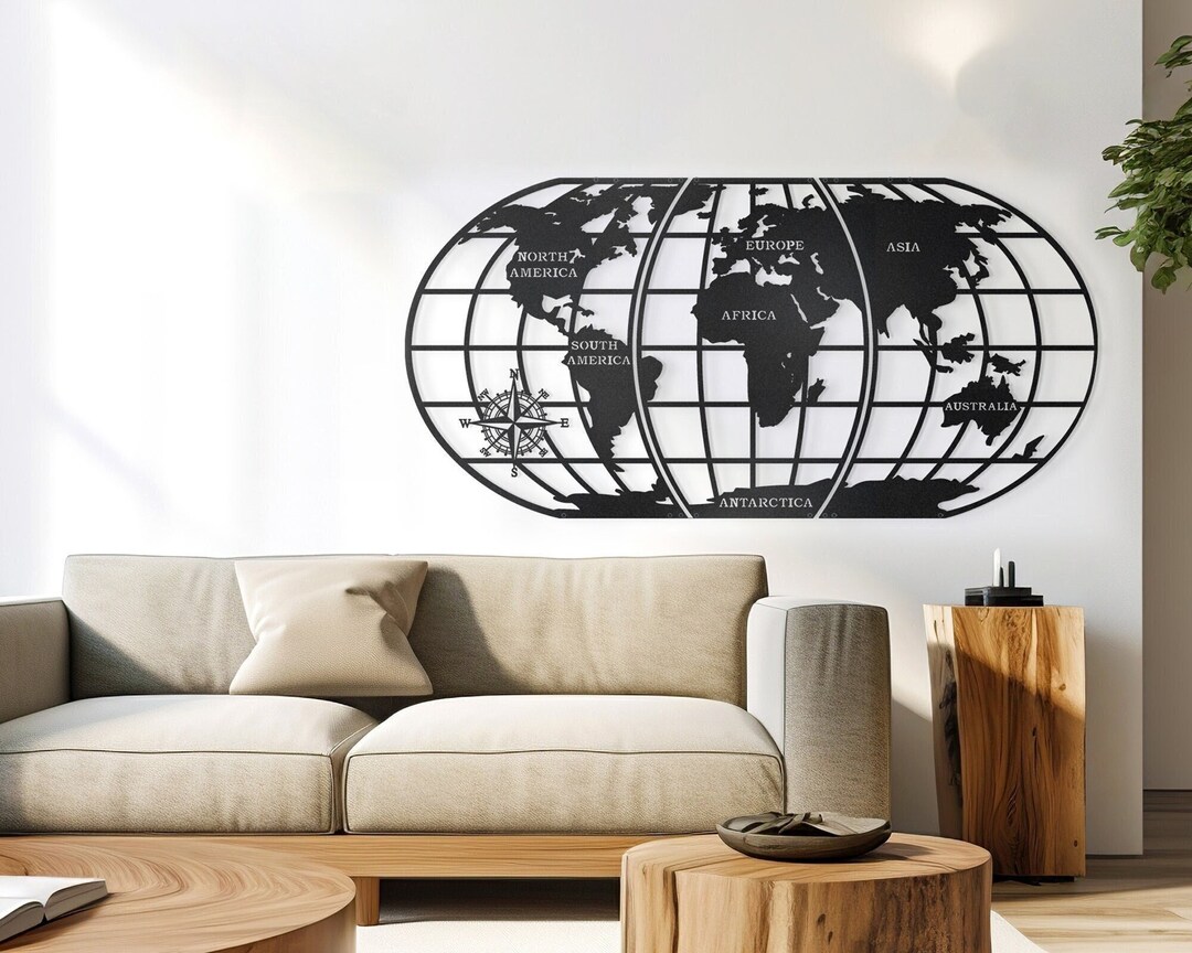 Metal World Map Wall Art With Compass: Black Steel Decor - Etsy