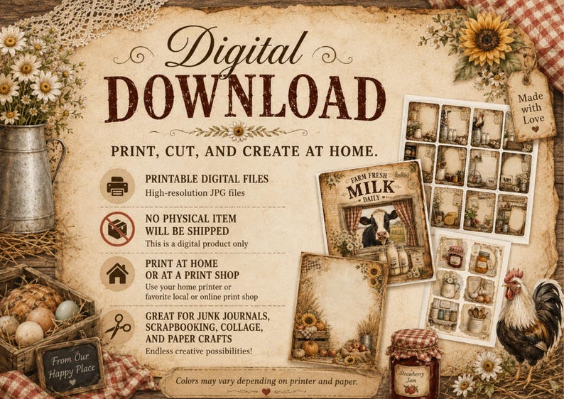 Farmhouse Junk Journal Kit, Printable Rustic Ephemera, Vintage Country ...