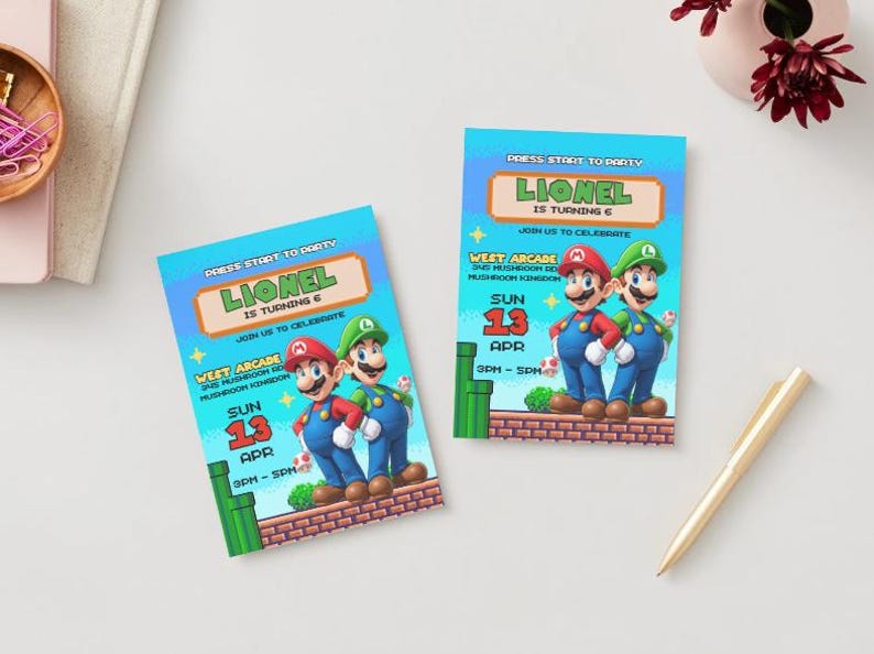 Super Mario and Luigi Inspired Party Invitation. Kids Arcade Birthday ...