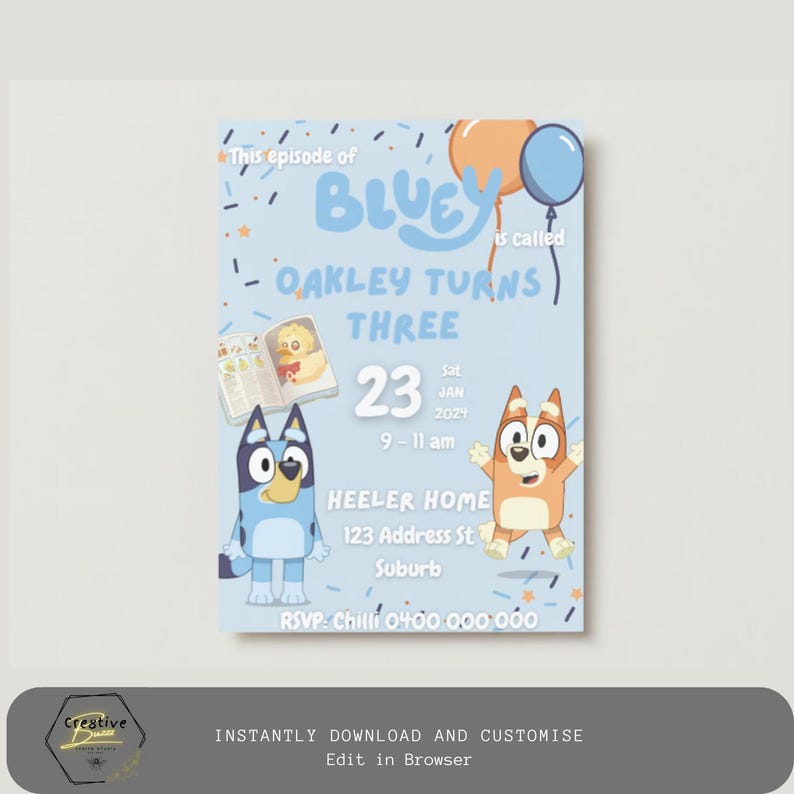 Blue Bluey Inspired Birthday Invitation. Bingo & Bluey With Duck Cake ...