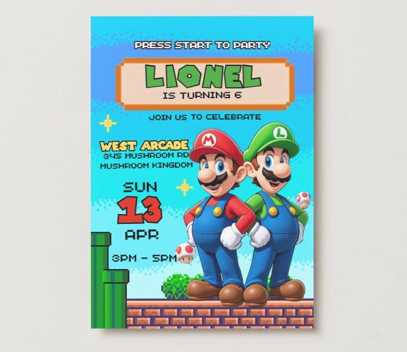 Super Mario and Luigi Inspired Party Invitation. Kids Arcade Birthday ...