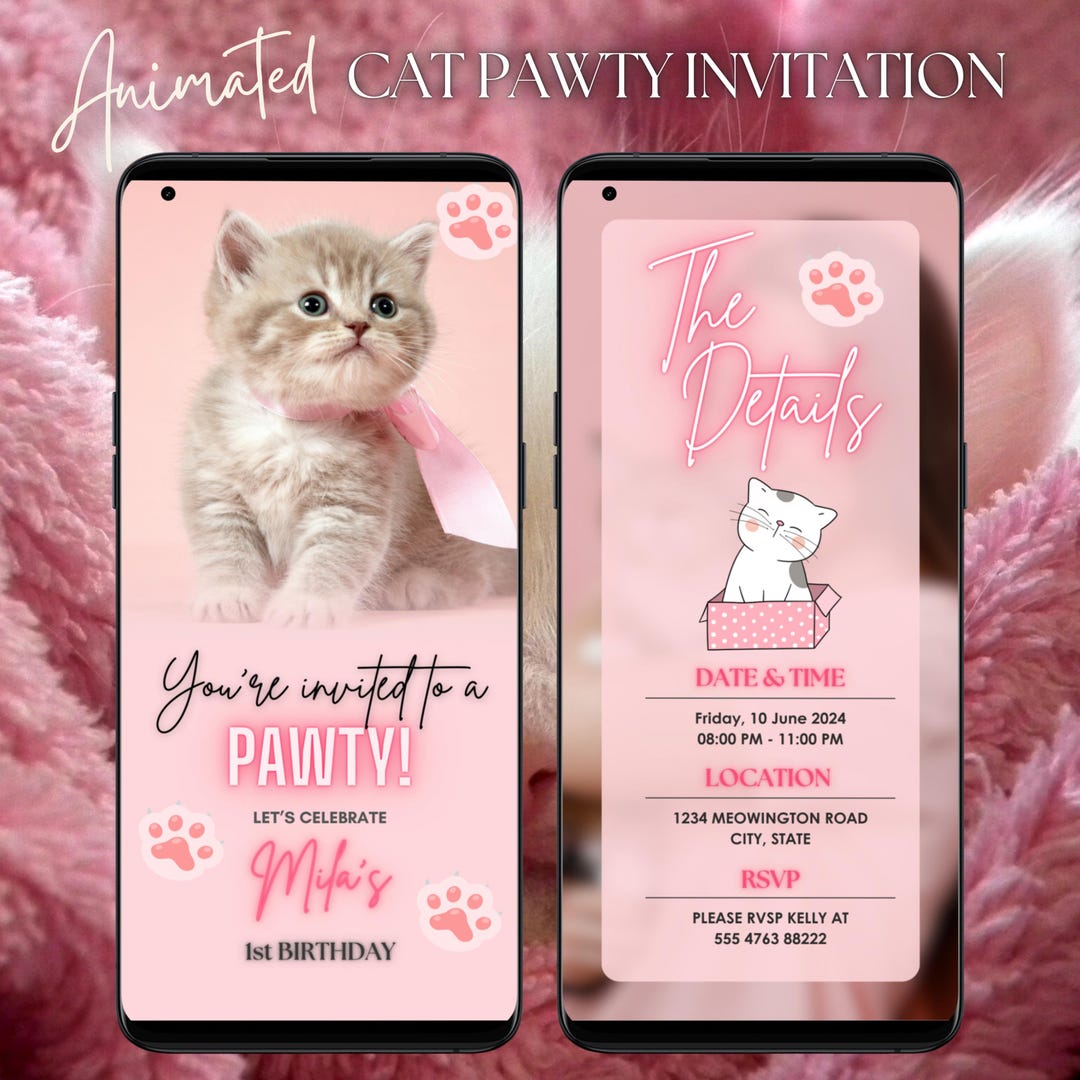 Editable Cat Birthday Invitation Template Kitten Pawty Animated Video ...