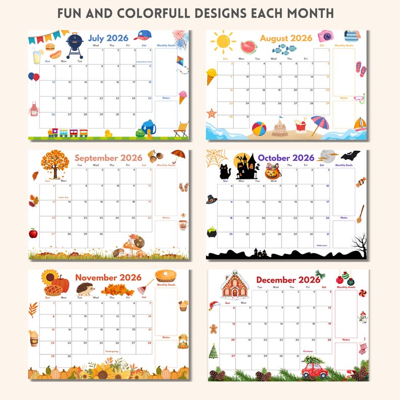 2026 Monthly Calendar Printable Cute Kids Calendar Editable Family ...
