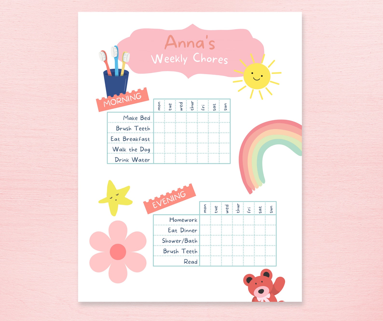 Kids Chore Chart for Boys and Girls, Printable Editable Weekly Kids ...