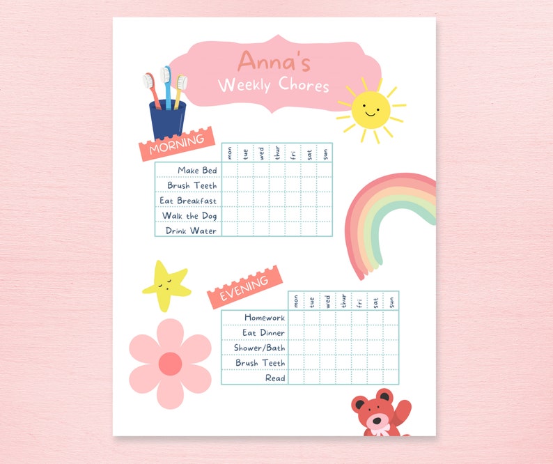 Kids Chore Chart for Boys and Girls, Printable Editable Weekly Kids ...