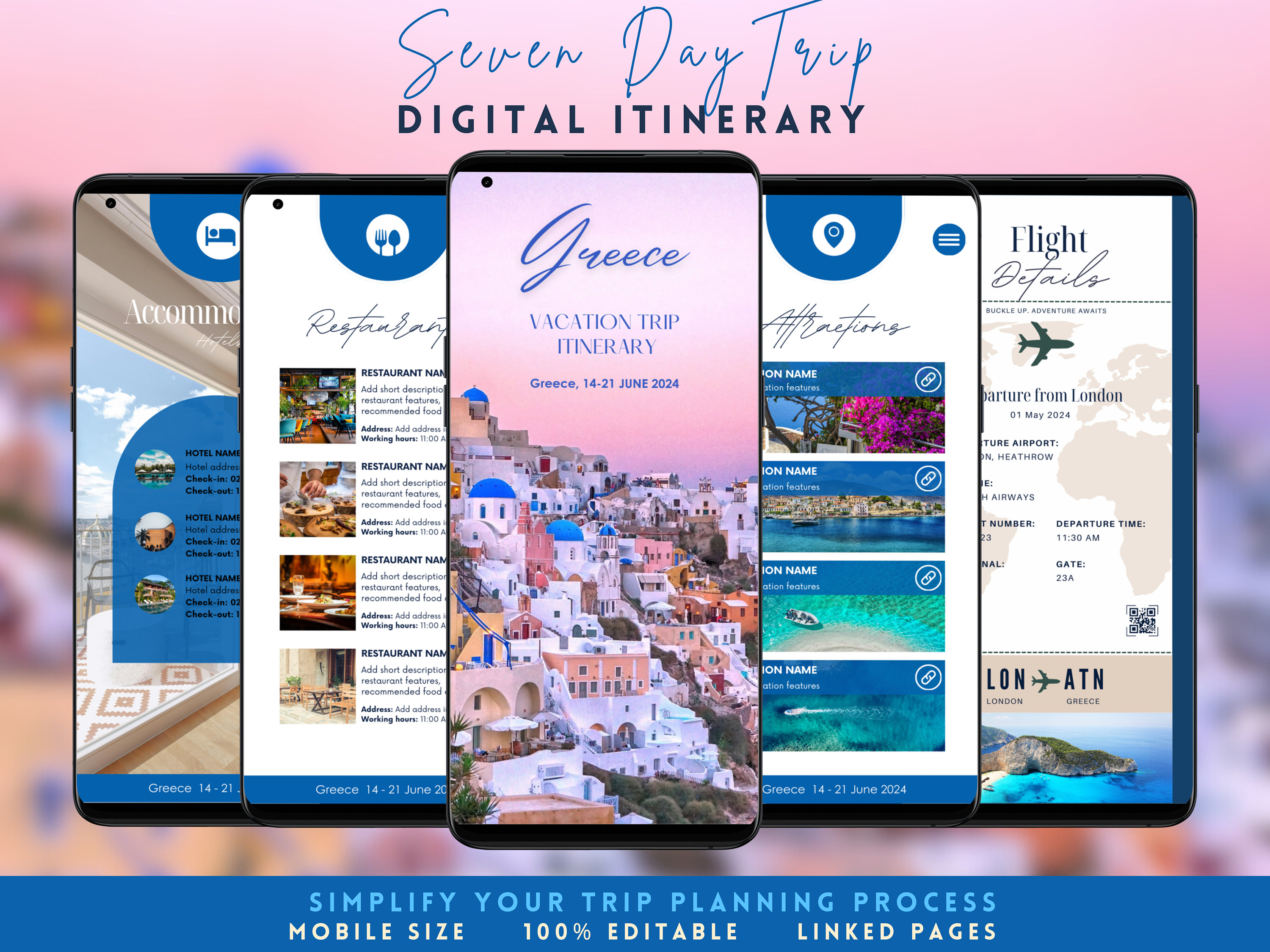 Travel Itinerary Template Seven Day Trip Planner Custom Mobile Travel ...