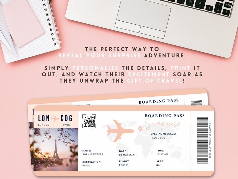 Surprise Trip Reveal Boarding Pass Canva Template Trip Invitation Save ...