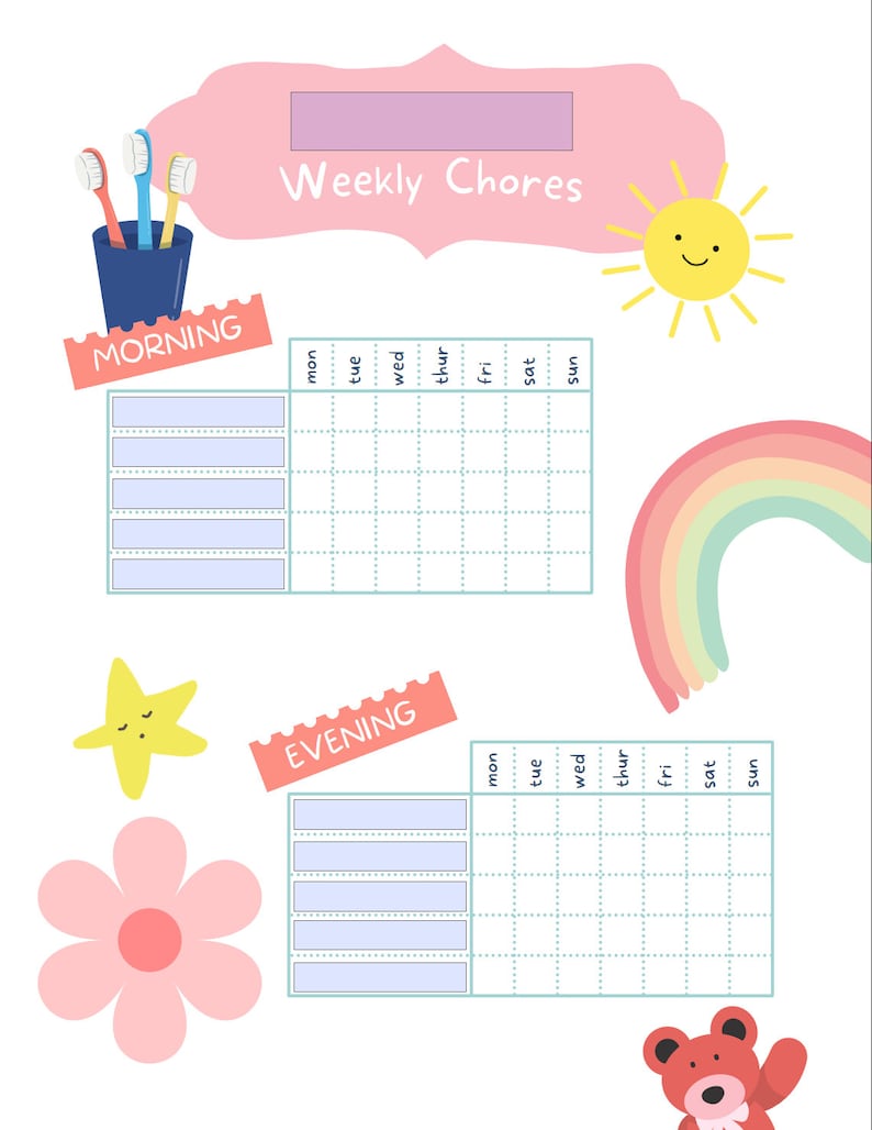 Kids Chore Chart for Boys and Girls, Printable Editable Weekly Kids ...