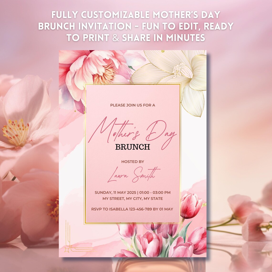 Mothers Day Invite Editable Floral Pink Gold Digital Printable Event ...