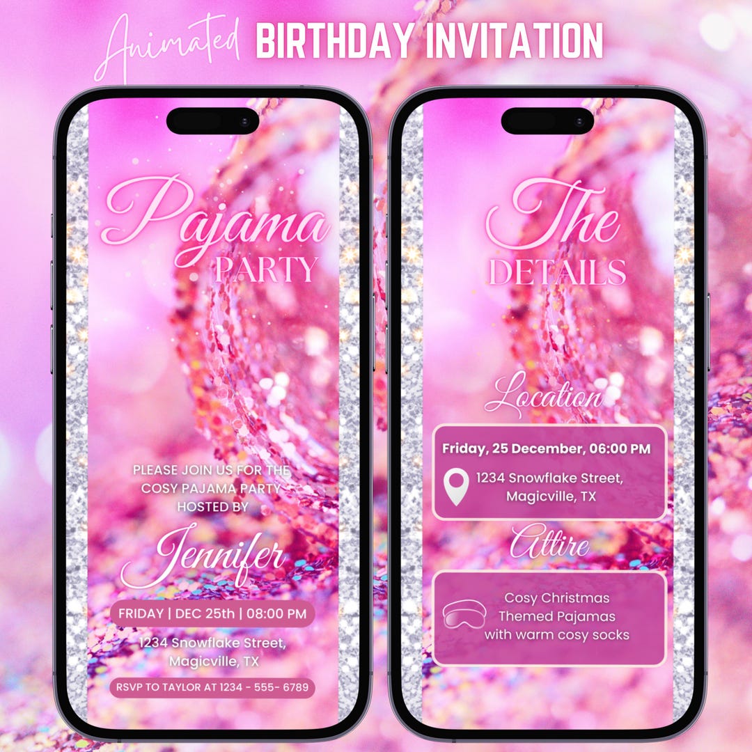 Pajama Party Invitation Template Pink Glitter Sleepover Party Digital ...