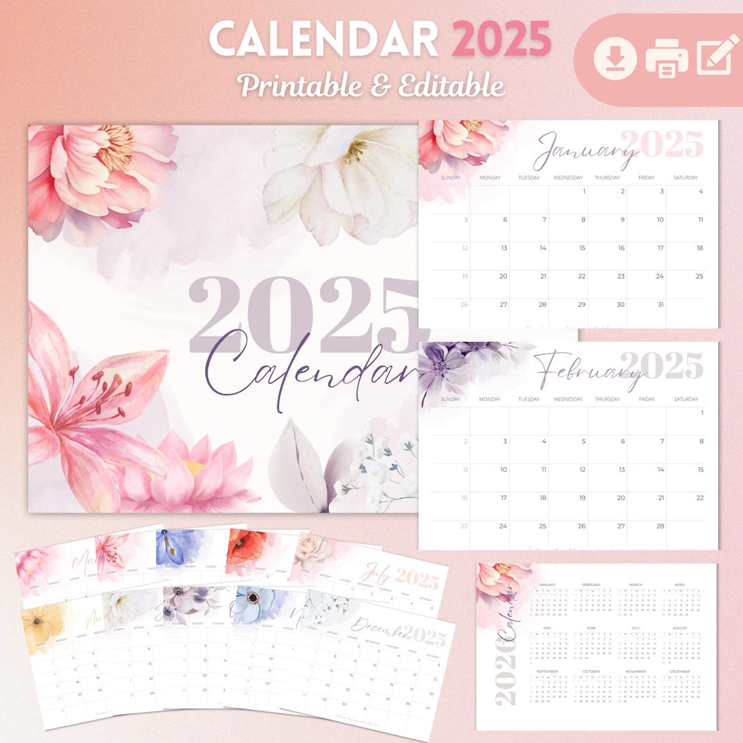 2025 Calendar Watercolor Flowers Printable Editable Calendar Template ...