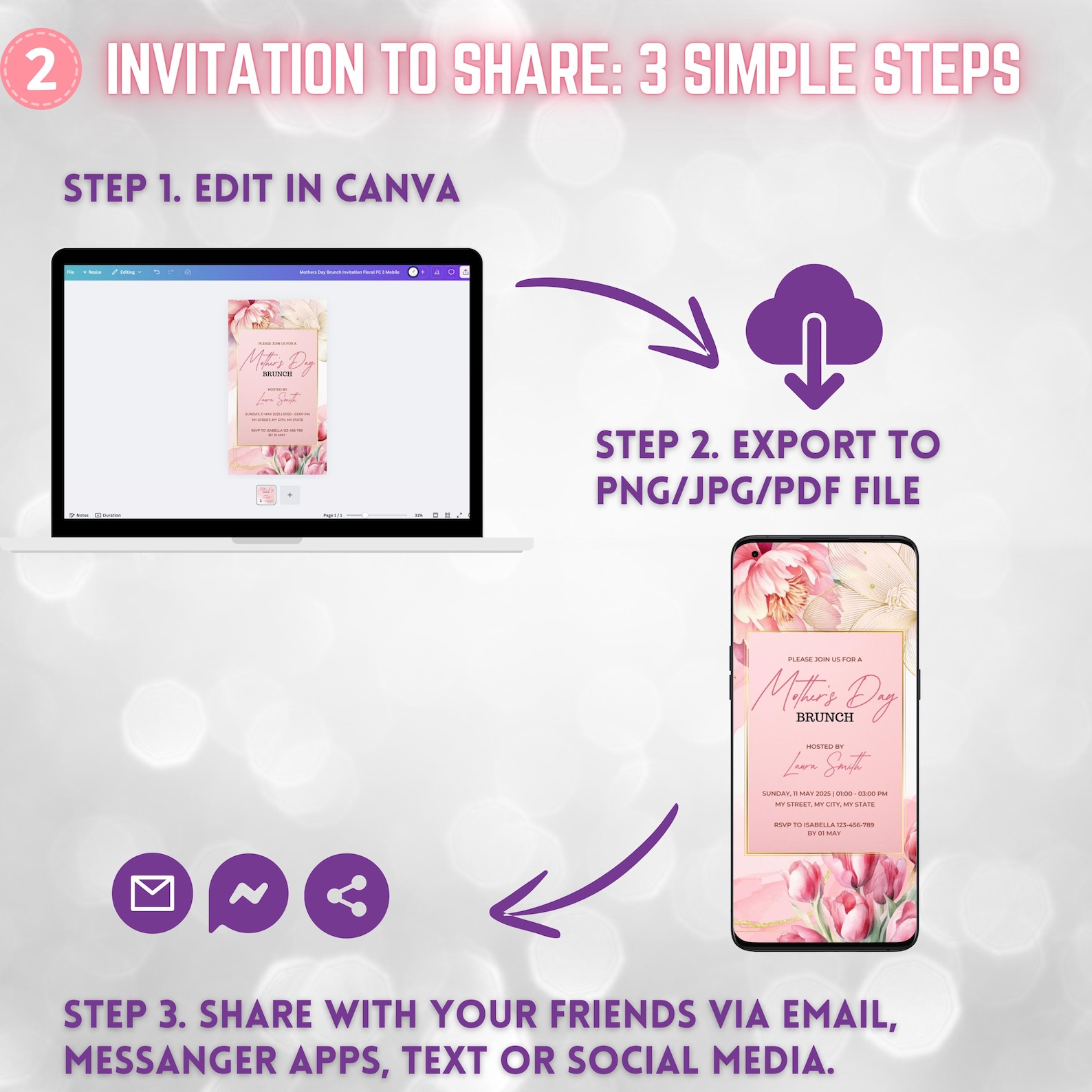 Mothers Day Invite Editable Floral Pink Gold Digital Printable Event ...