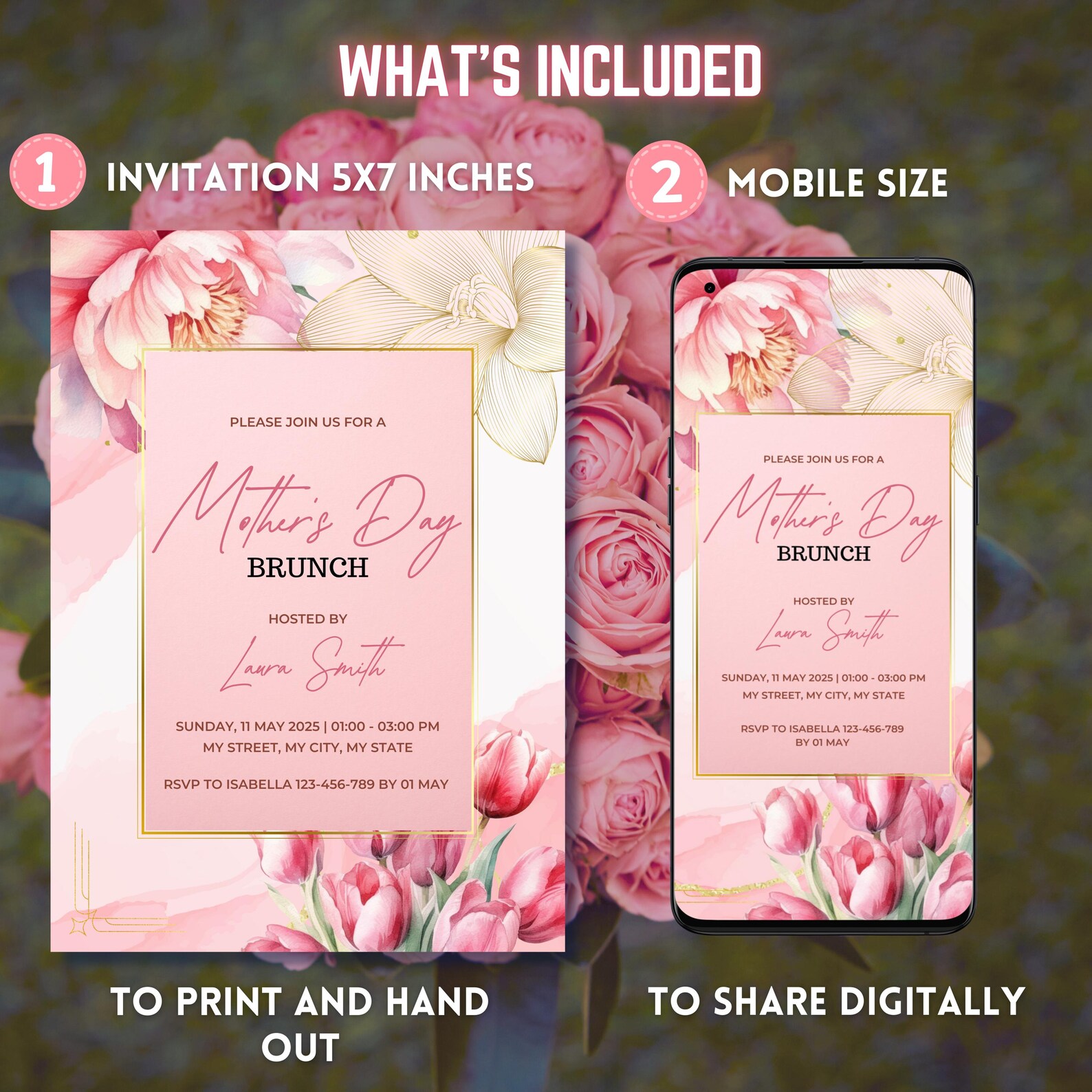 Mothers Day Invite Editable Floral Pink Gold Digital Printable Event ...