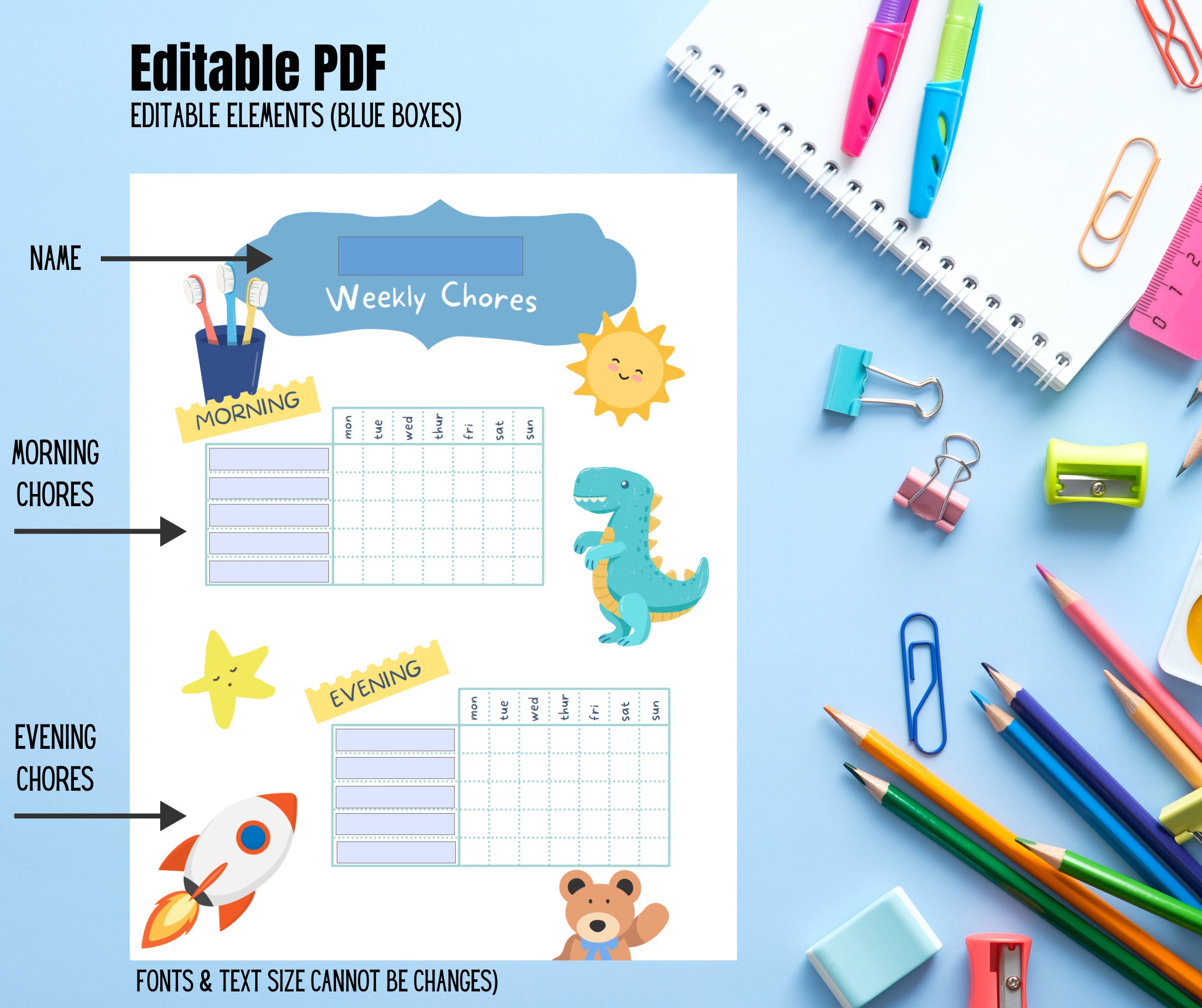 Kids Chore Chart for Boys and Girls, Printable Editable Weekly Kids ...