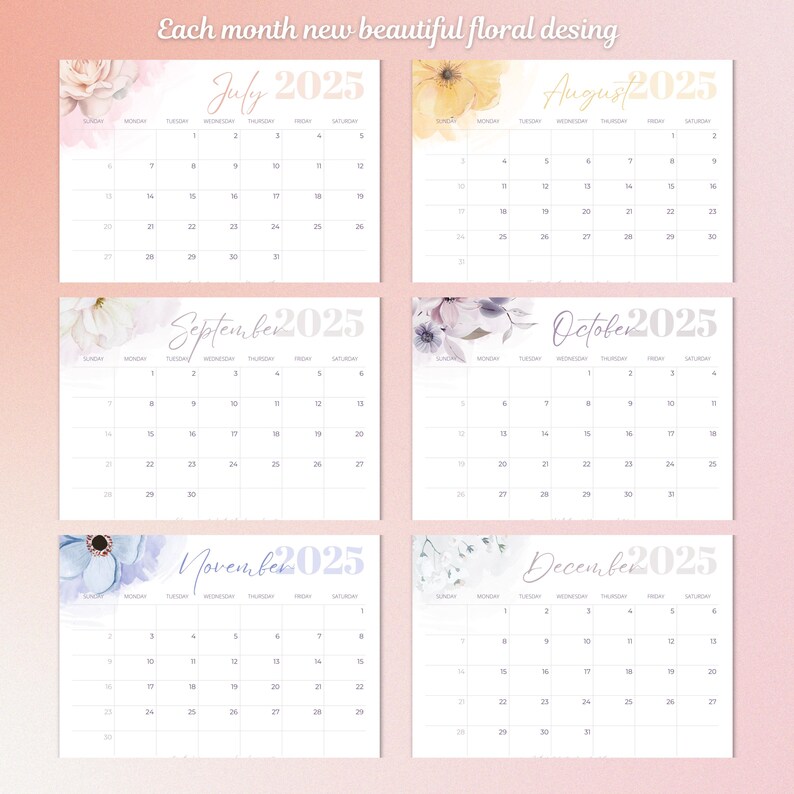 2025 Calendar Watercolor Flowers Printable Editable Calendar Template ...