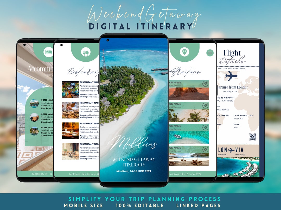Travel Itinerary Template Canva Weekend Getaway Trip Planner Custom ...