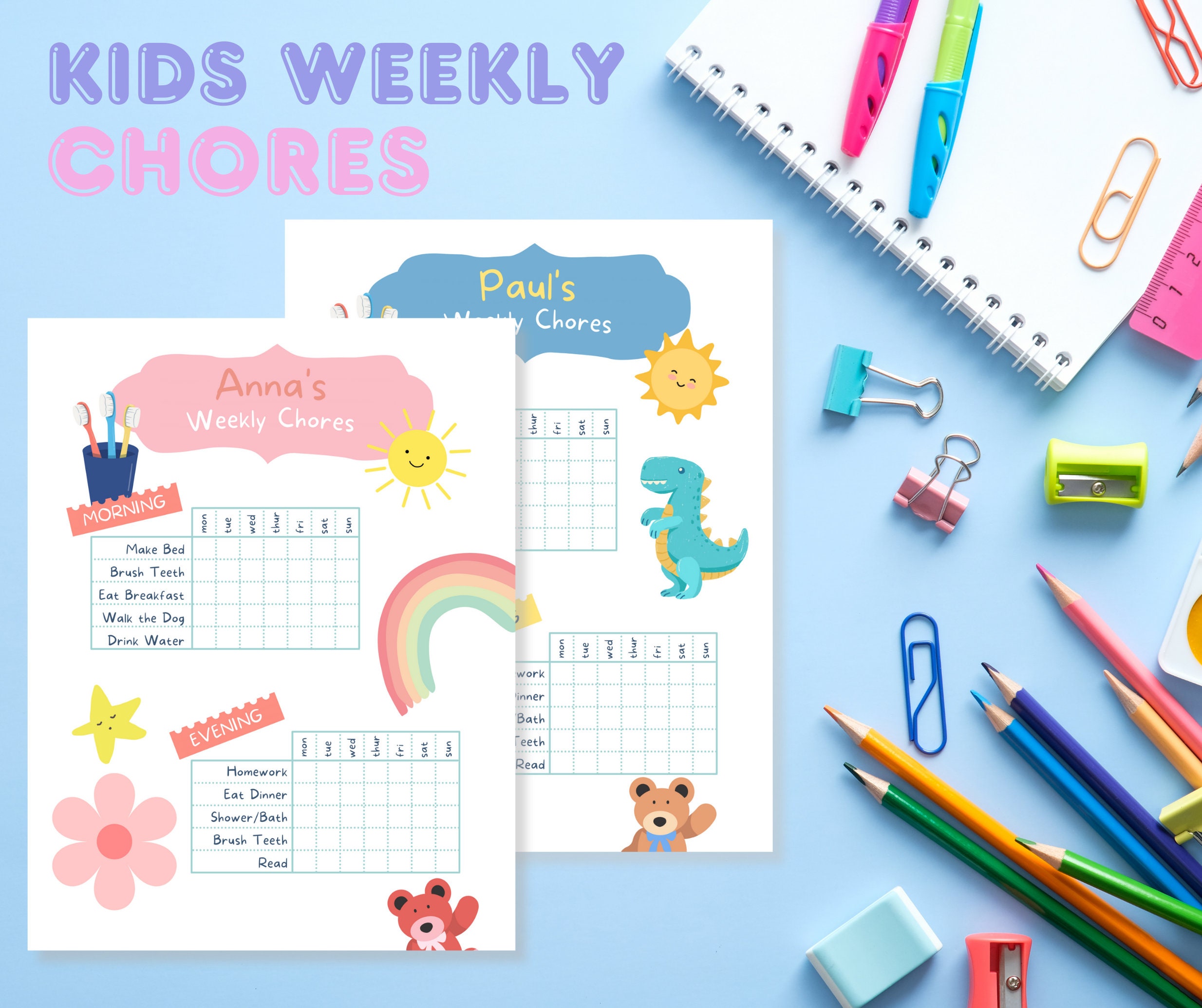 Kids Chore Chart for Boys and Girls, Printable Editable Weekly Kids ...