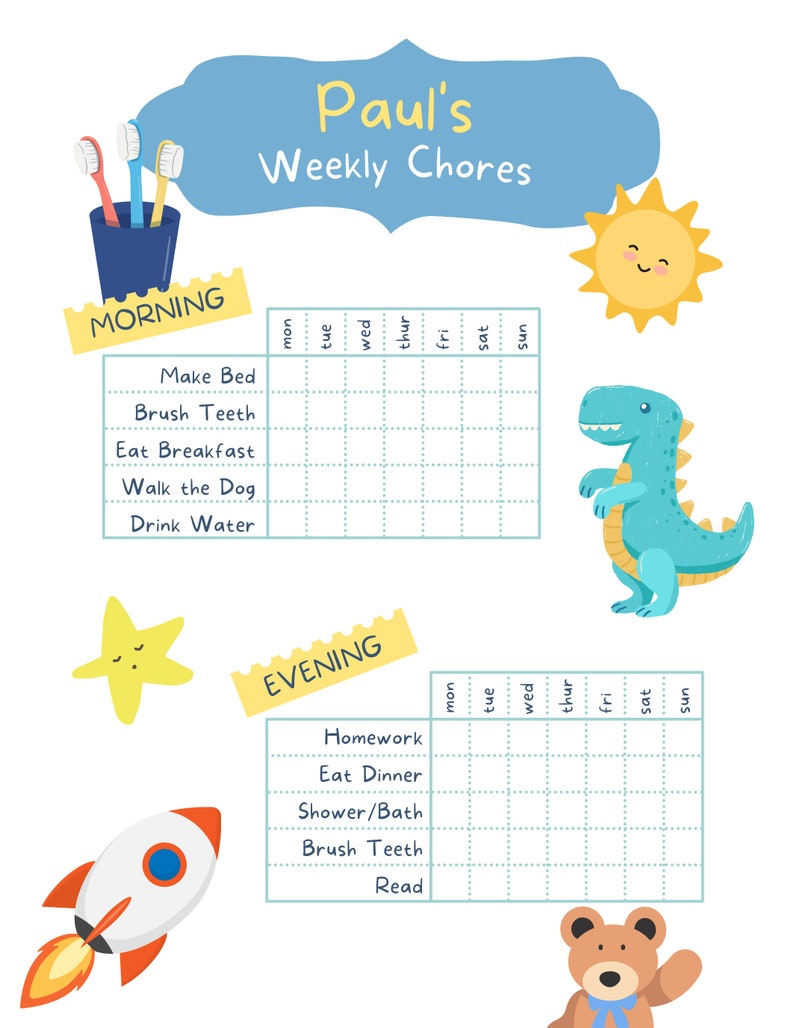 Kids Chore Chart for Boys and Girls, Printable Editable Weekly Kids ...