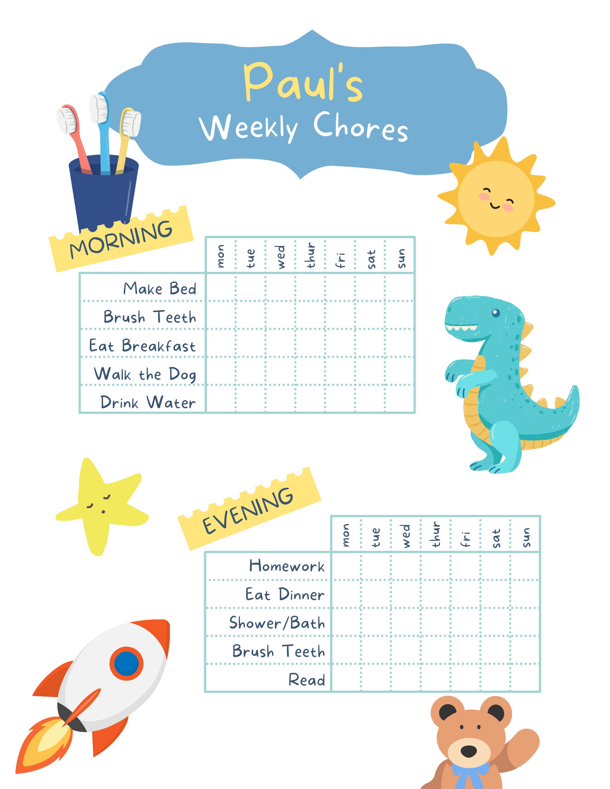 Kids Chore Chart for Boys and Girls, Printable Editable Weekly Kids ...