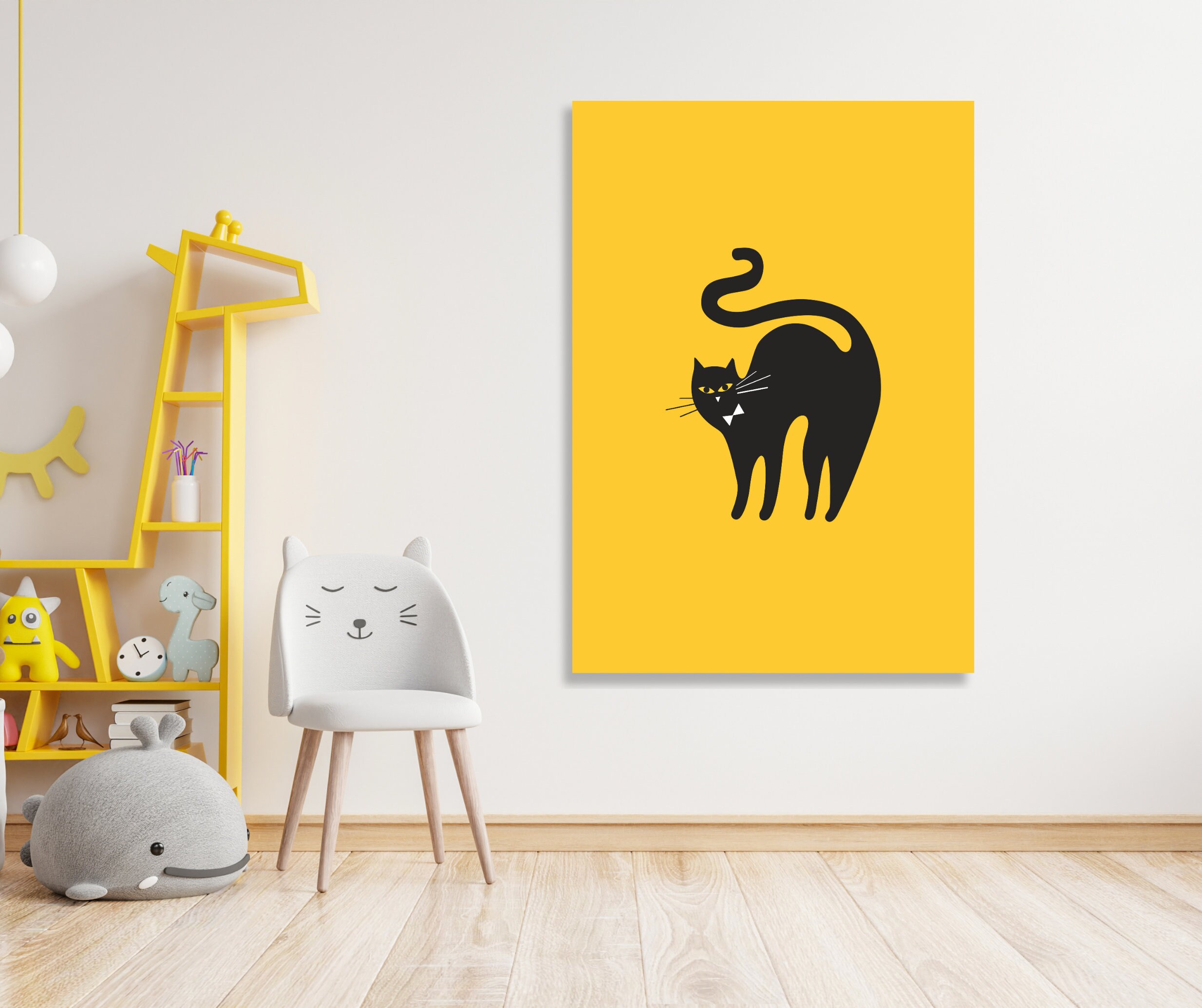 Funny Cat Wall Art, Cute Cat Poster, Yellow Nursery Decor, Animal ...